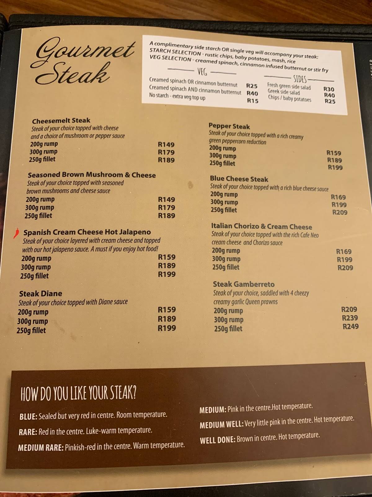 Menu at Café Neo restaurant, East London