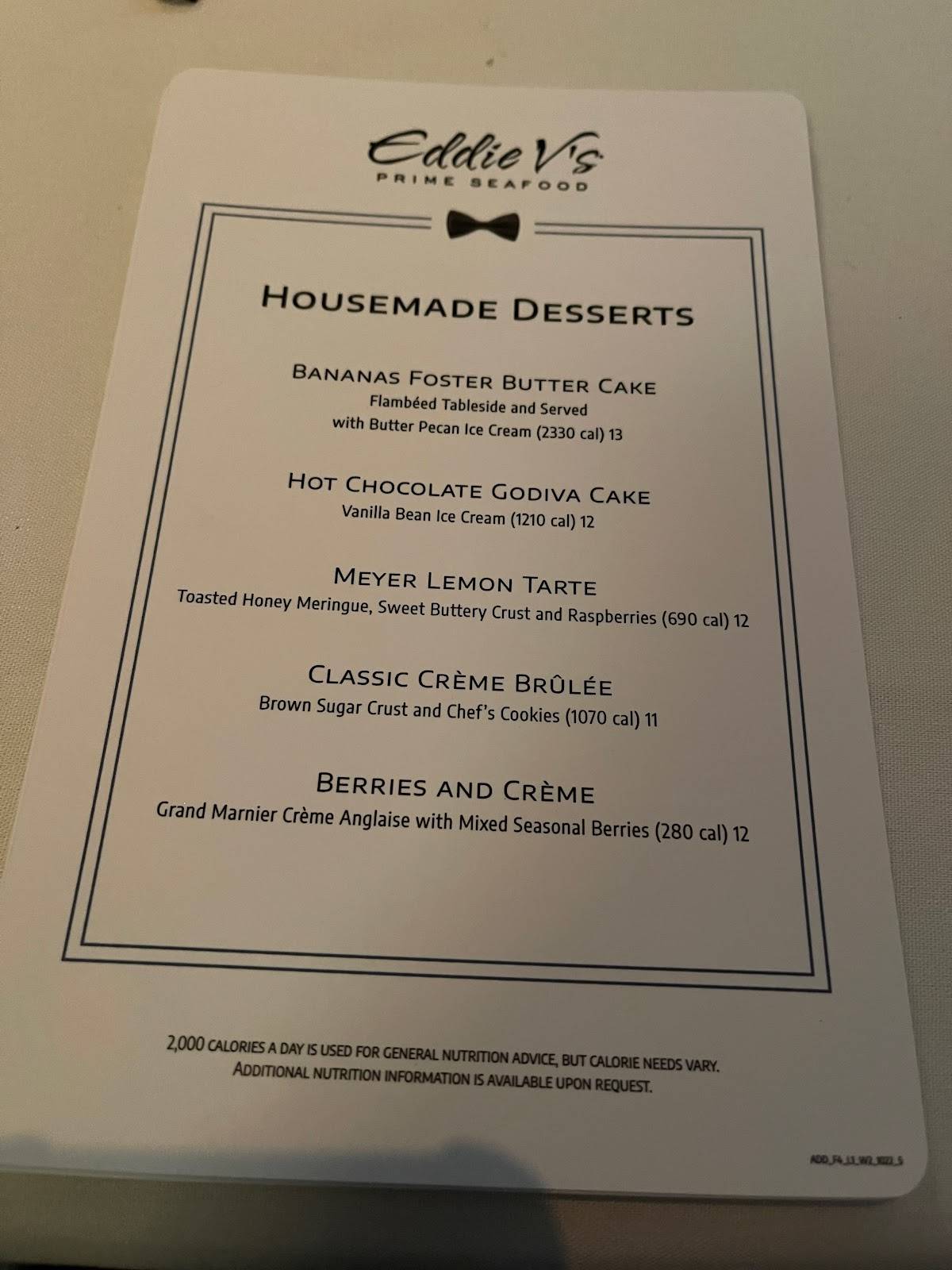 Menu at Eddie V's Prime Seafood steakhouse, Dallas