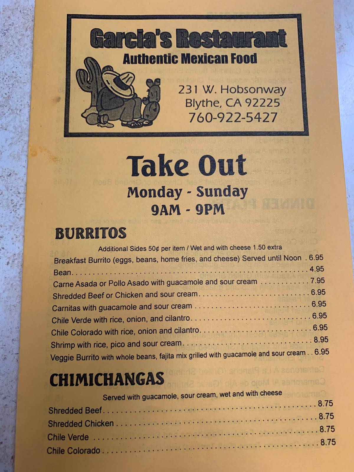 Menu at Garcia's Restaurant, Blythe, 231 E Hobsonway