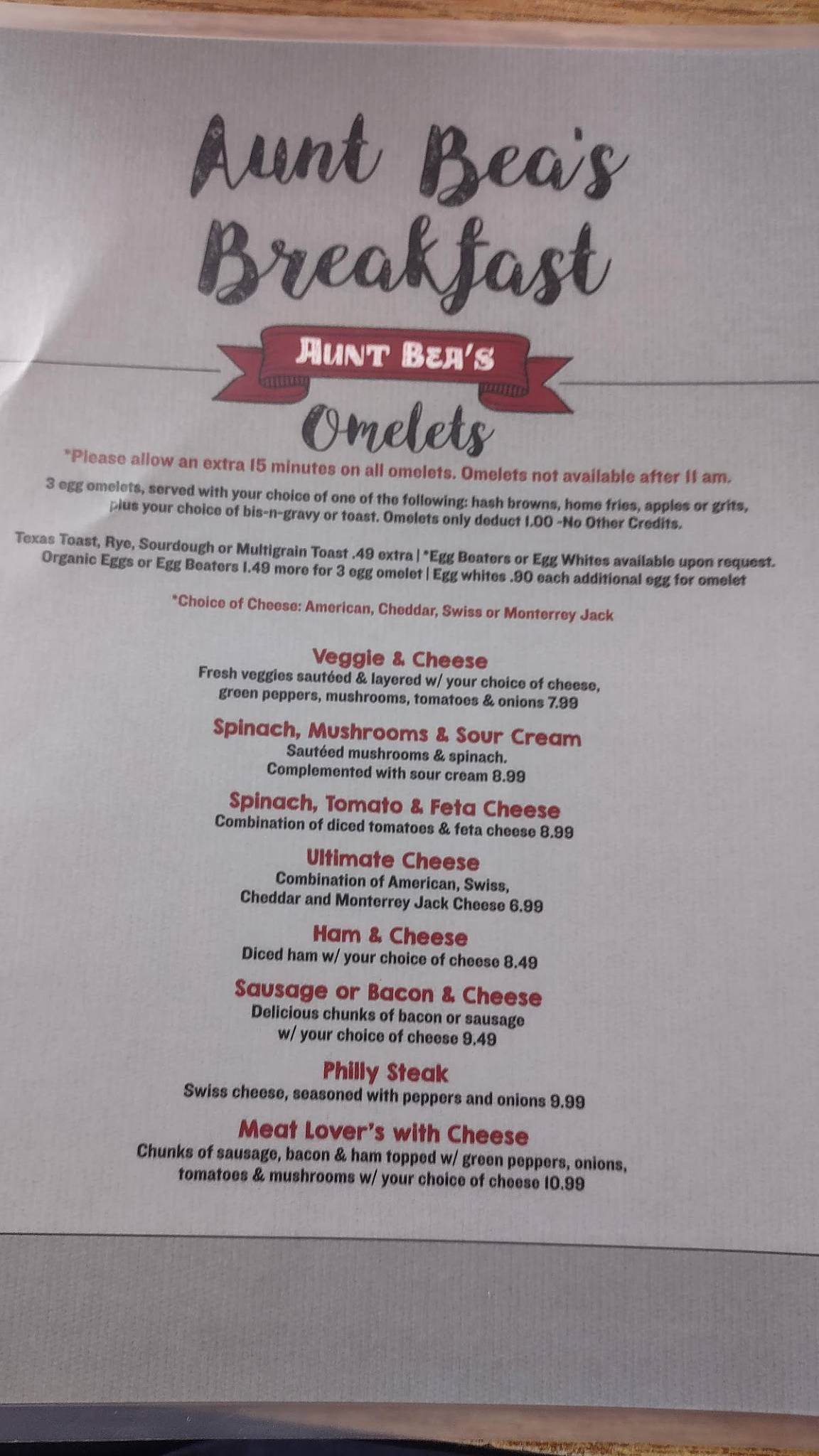 Menu at Aunt Bea's Home Cooking restaurant, Greeneville