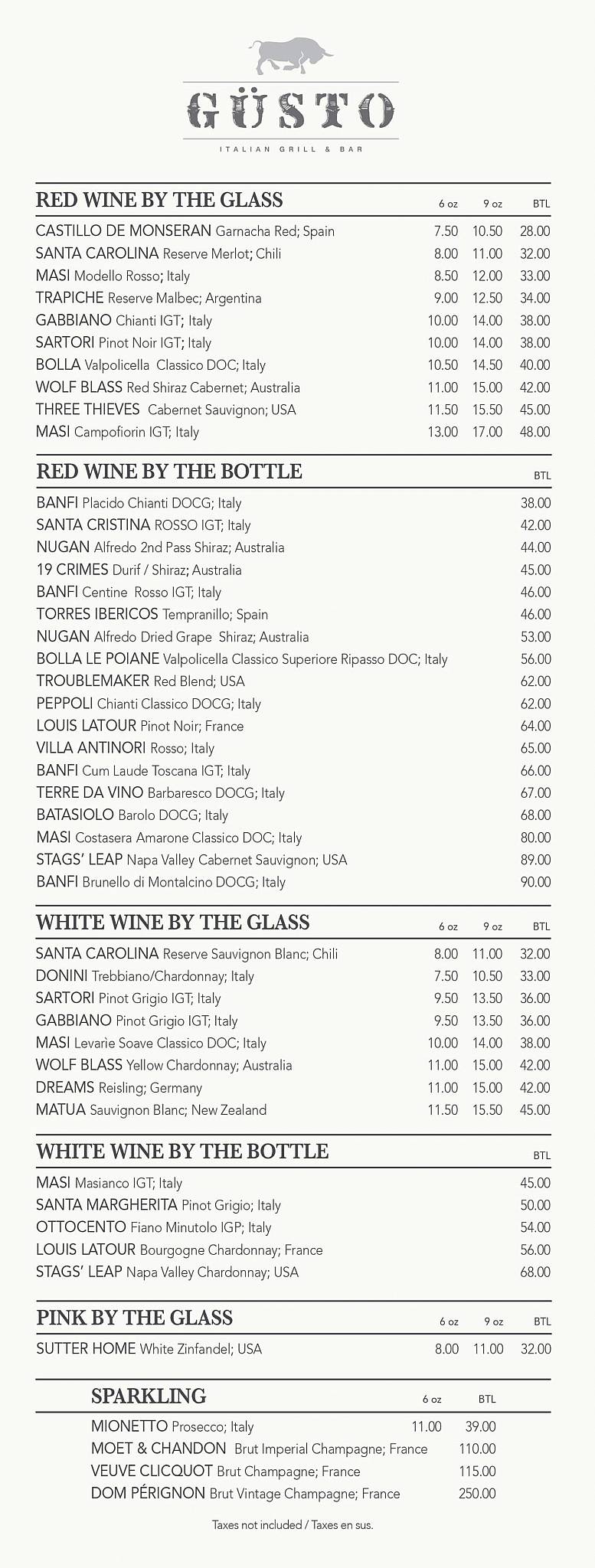 Menu at Gusto Italian Grill & Bar, Moncton