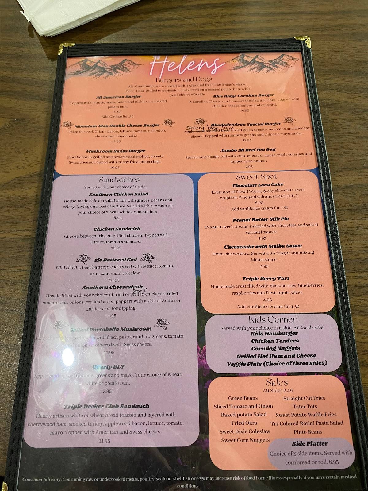 Menu at Helen's Restaurant, Bakersville