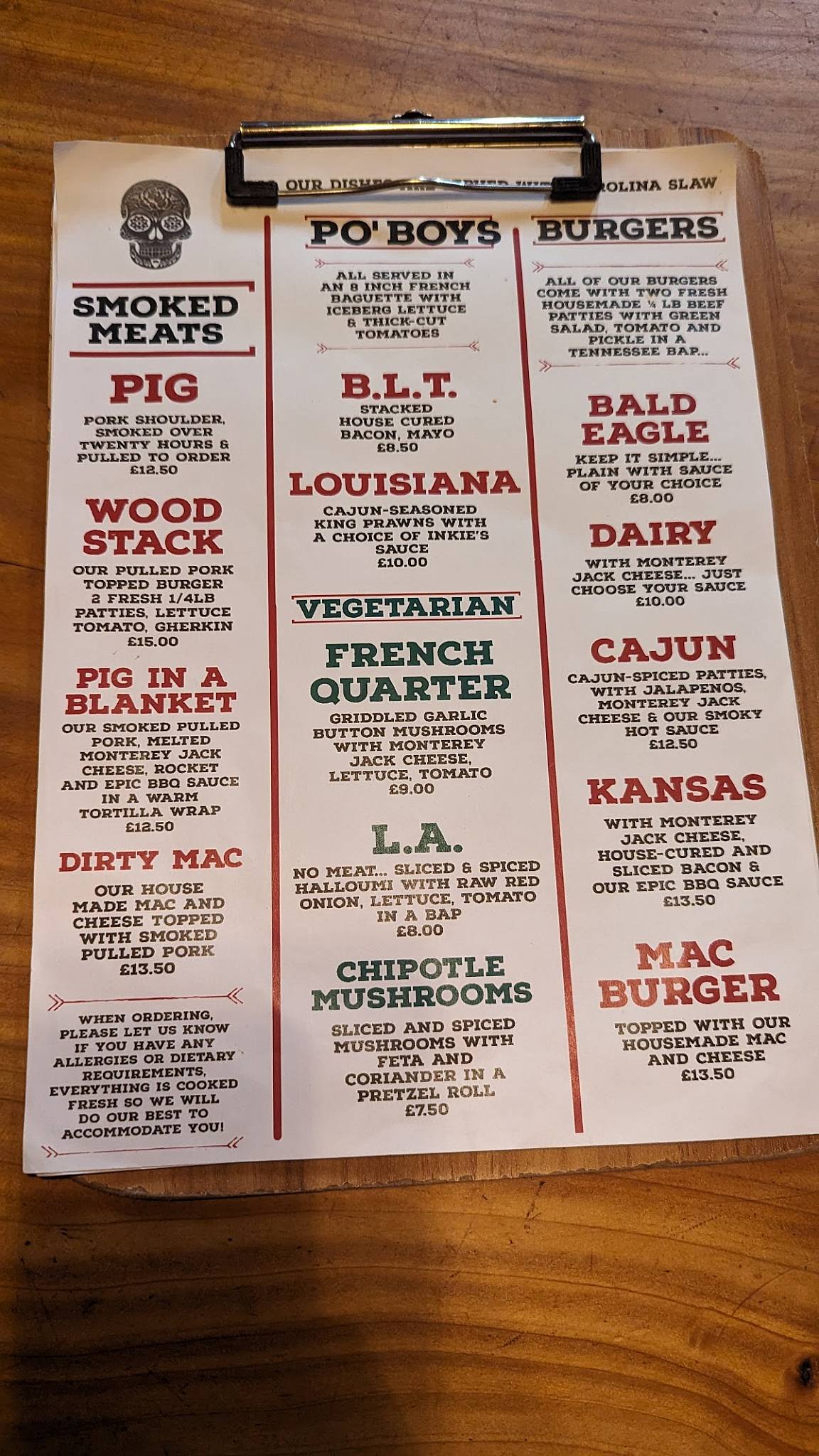 Menu at Inkie's Smokehouse restaurant, Liskeard