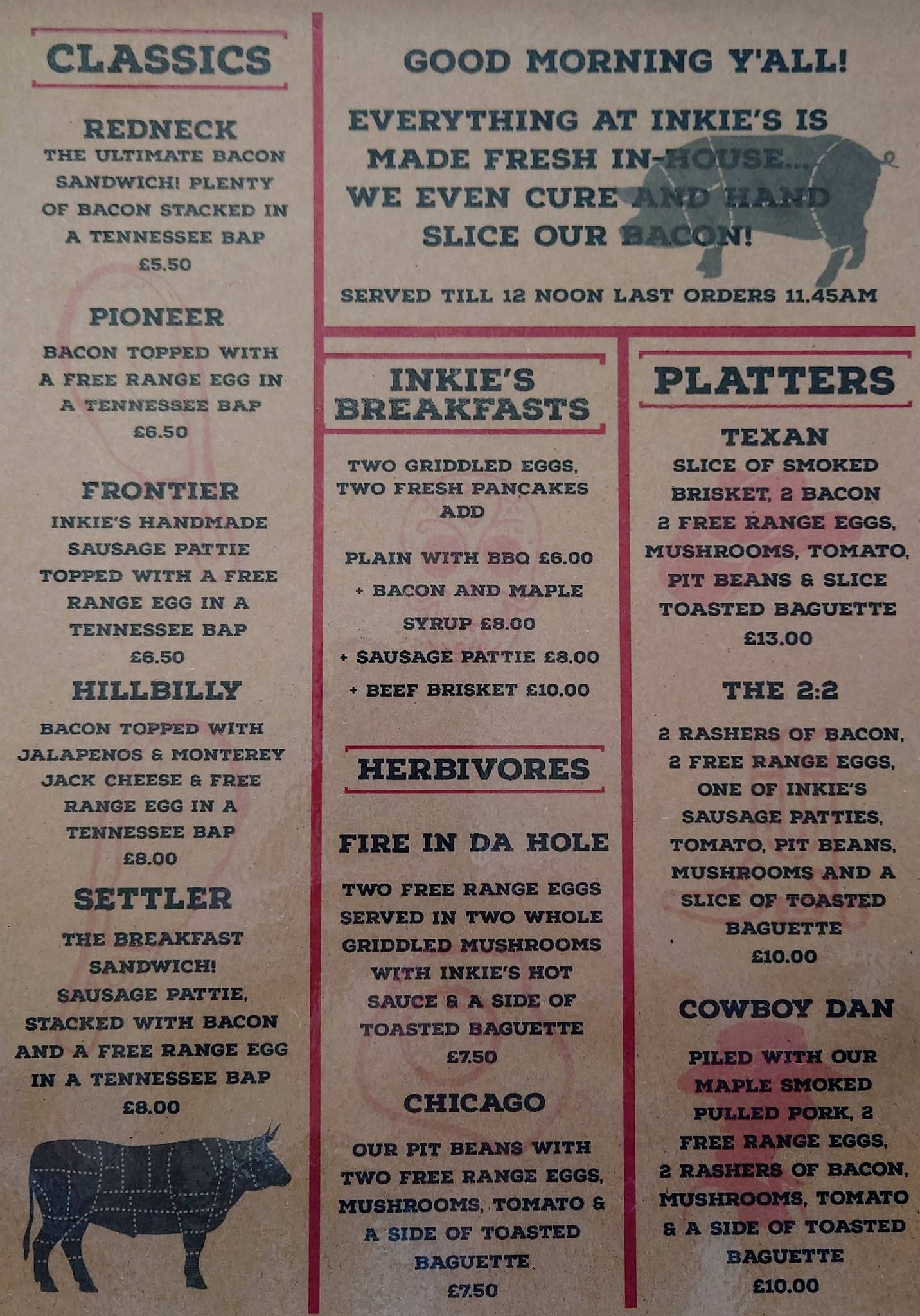 Menu at Inkie's Smokehouse restaurant, Liskeard