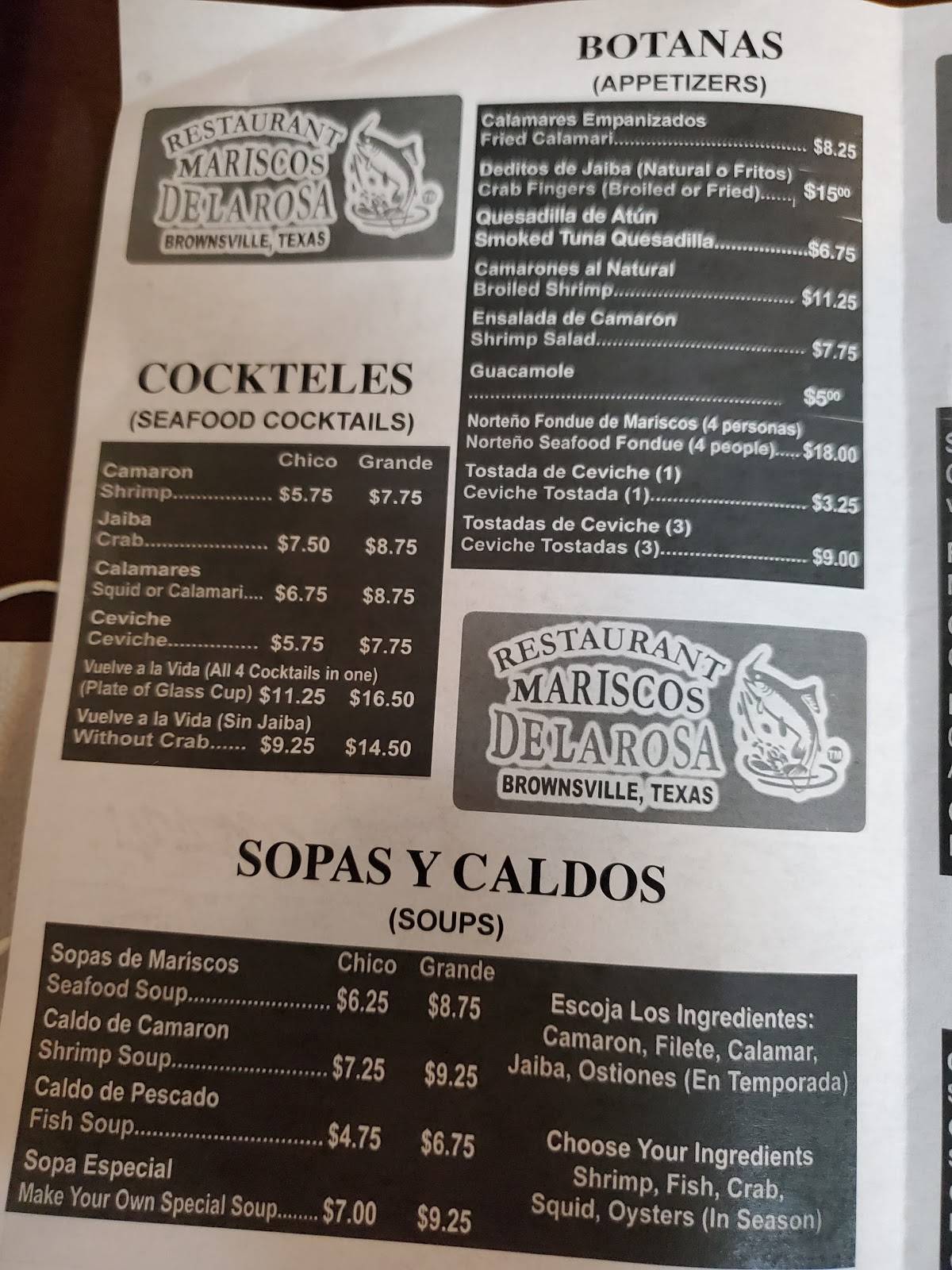 Menu at Mariscos De La Rosa restaurant, Brownsville, Padre Island Hwy