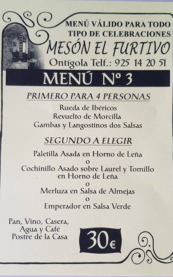 Carta del restaurante Mesón Litri. El Furtivo, Ontígola