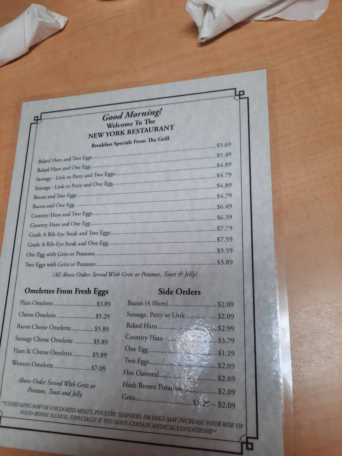 Menu at New York Restaurant, Fayetteville
