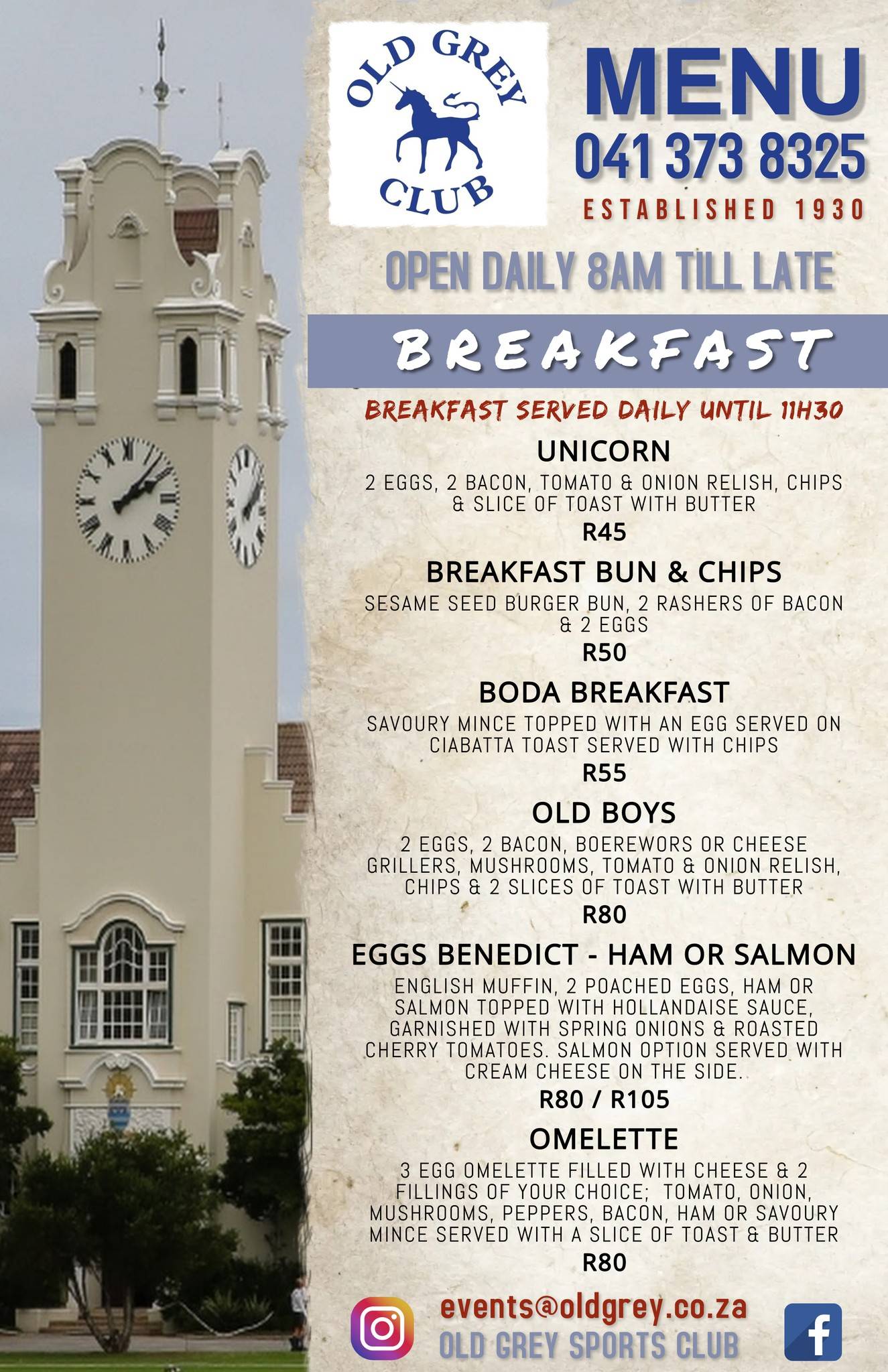 Menu at Old Grey Club, Port Elizabeth