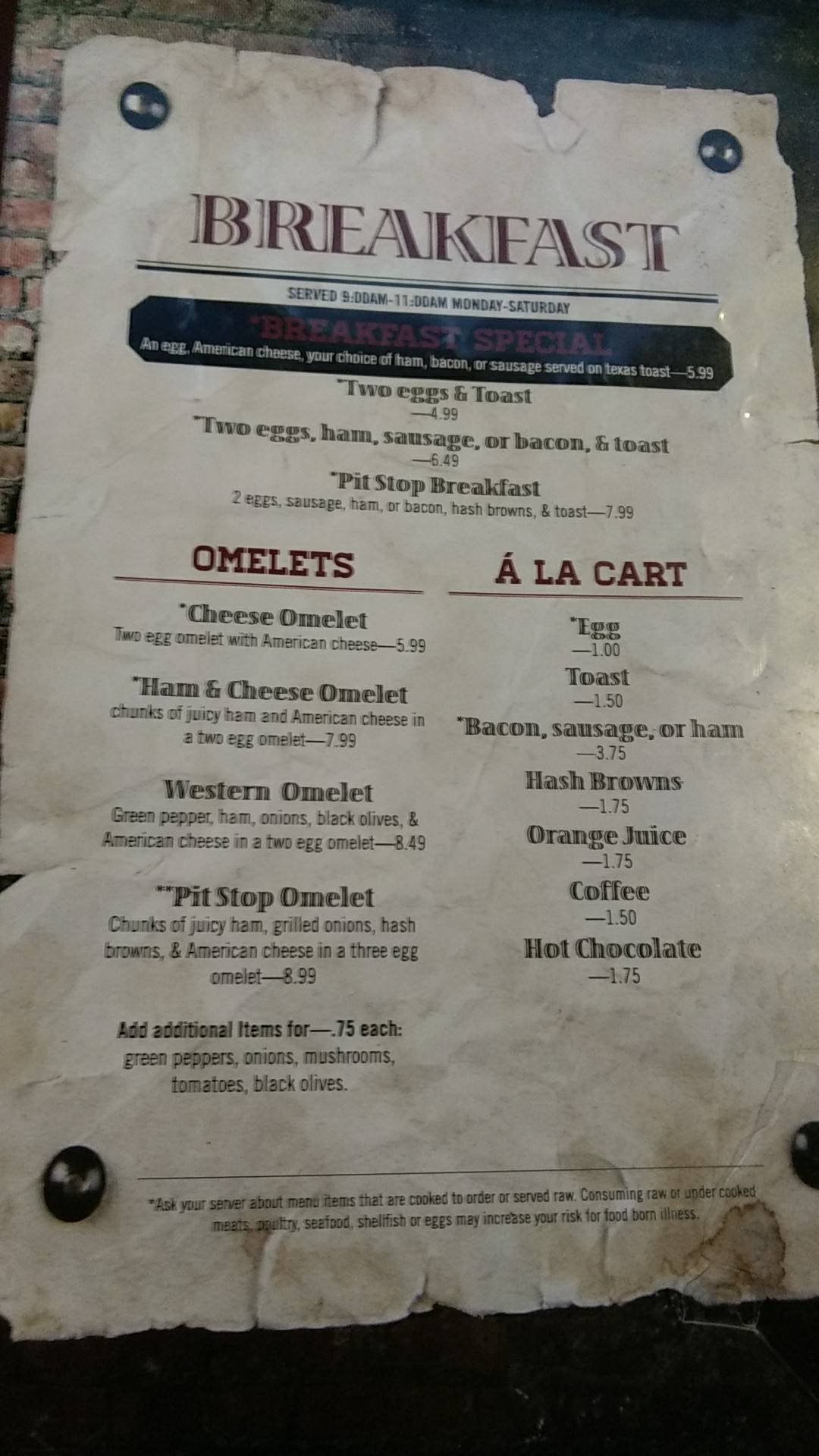 Menu at Pit Stop Bar & Grill, Bessemer