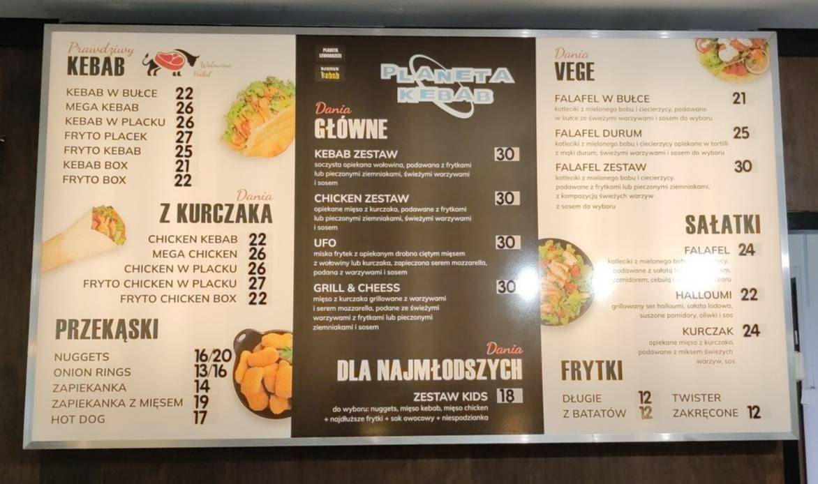 Menu at Planeta Kebab restaurant, Torun, Marii Skłodowskiej-Curie