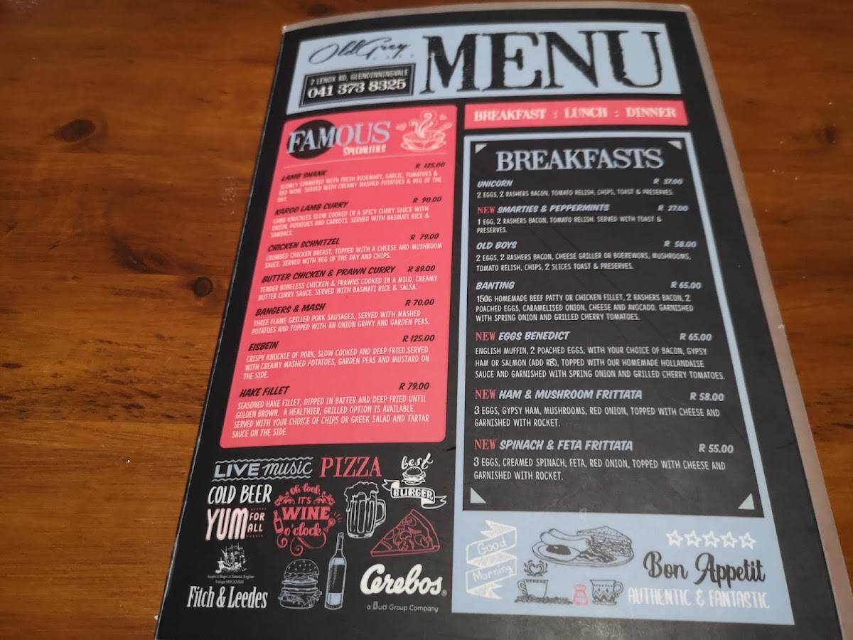 Menu at Old Grey Club, Port Elizabeth