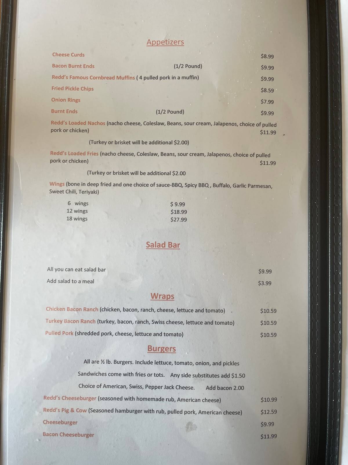 Menu at Redd’s Barbecue, Laurie