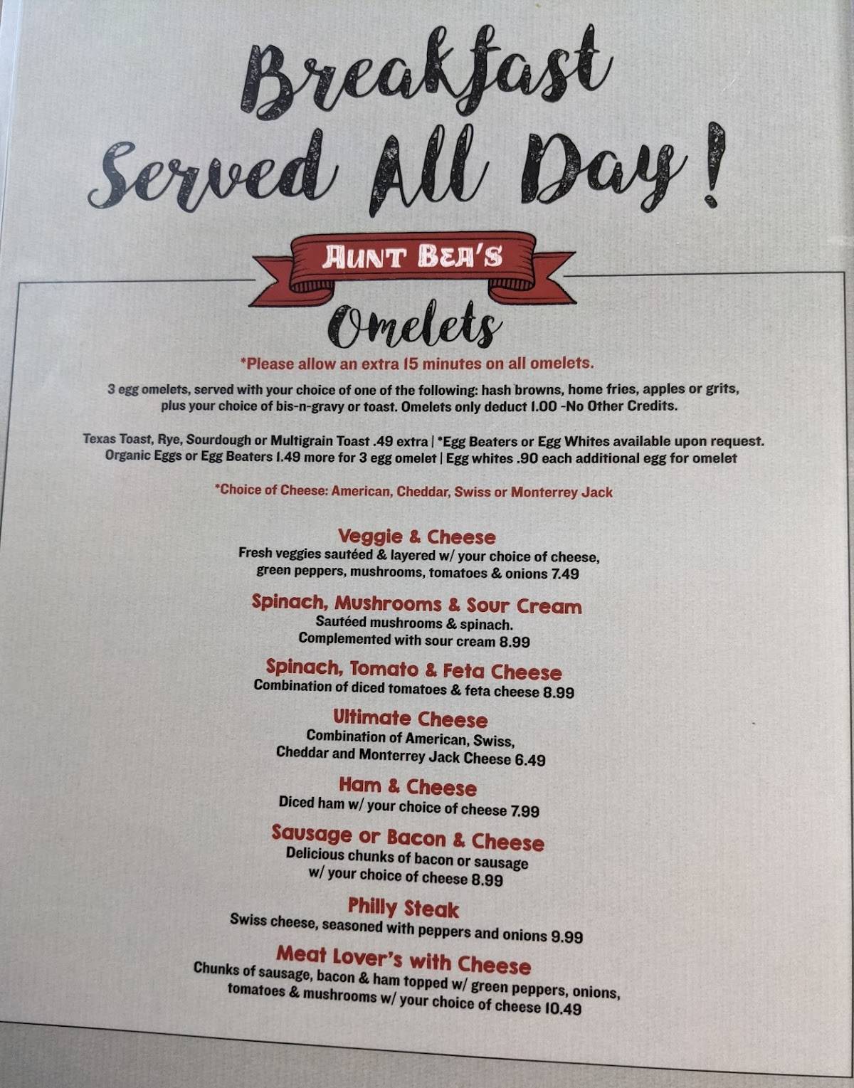 Menu at Aunt Bea's Home Cooking restaurant, Greeneville