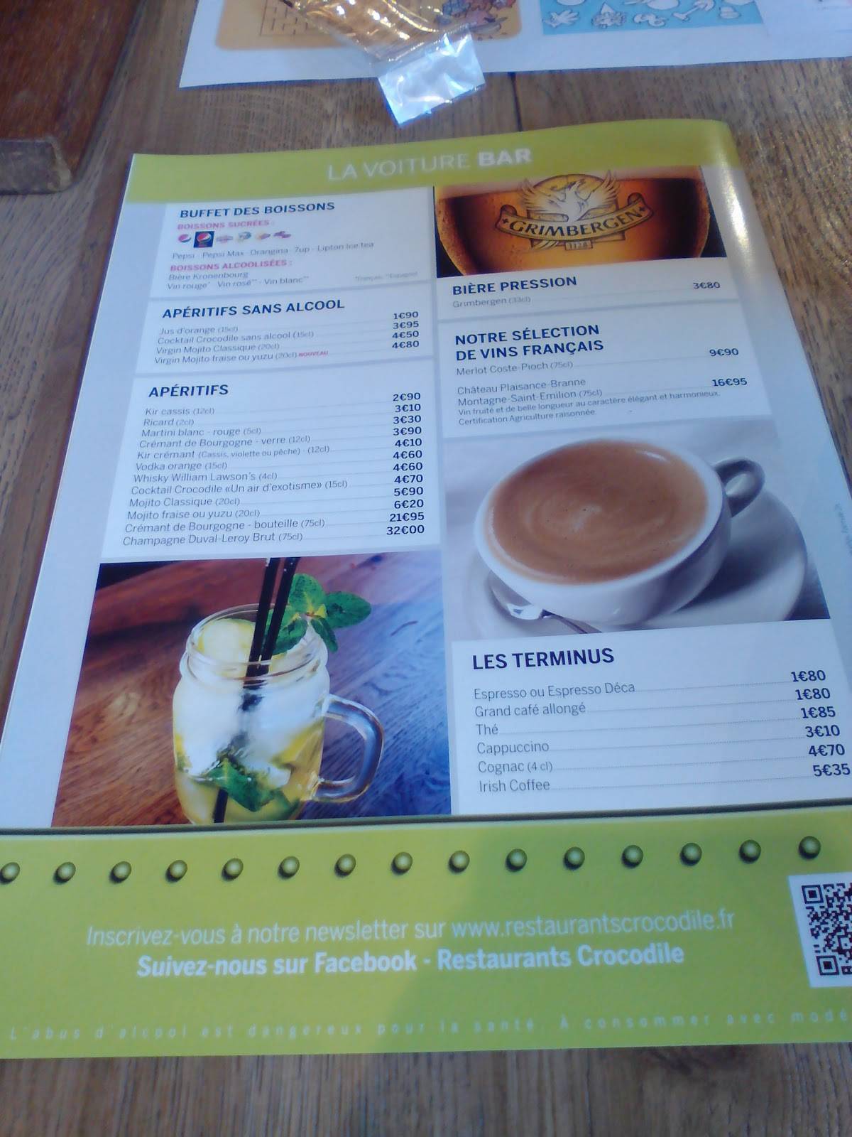 Menu au Crocodile restaurant, Petite-Forêt