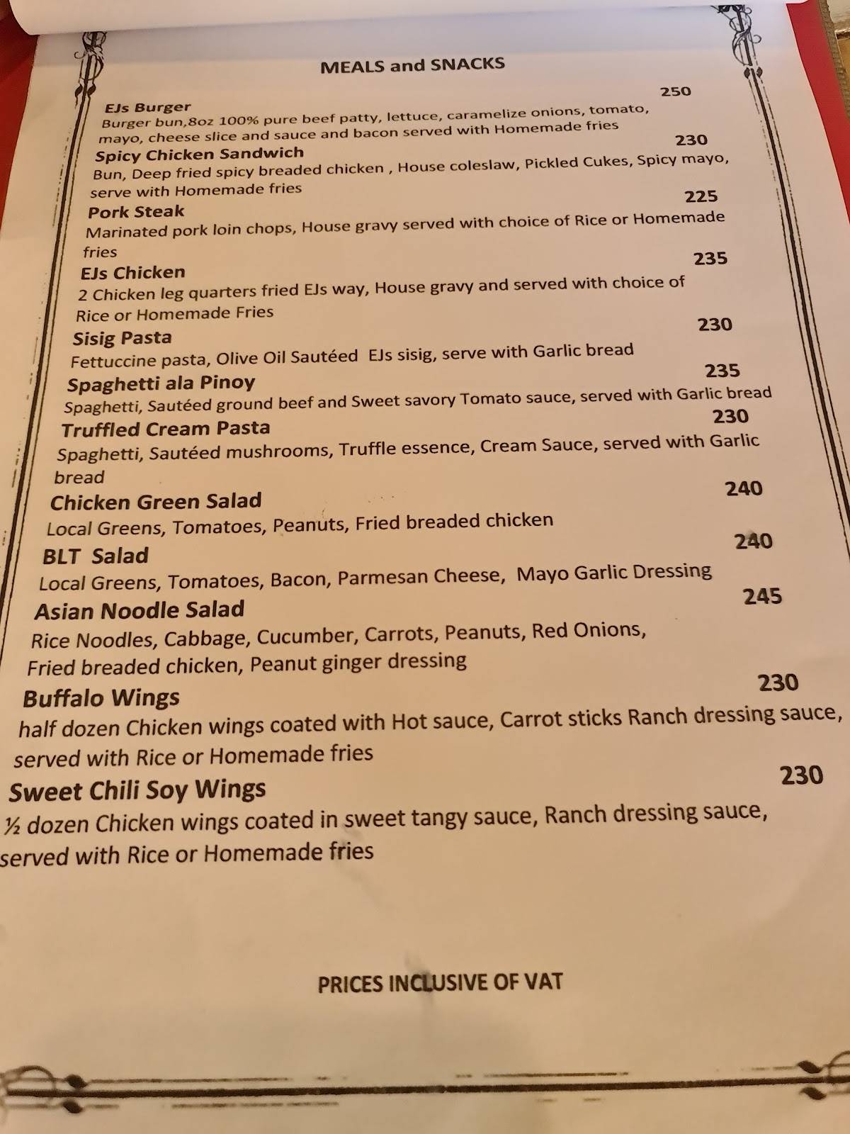 Menu at EJ's Garden by the Bay restaurant, Surigao City