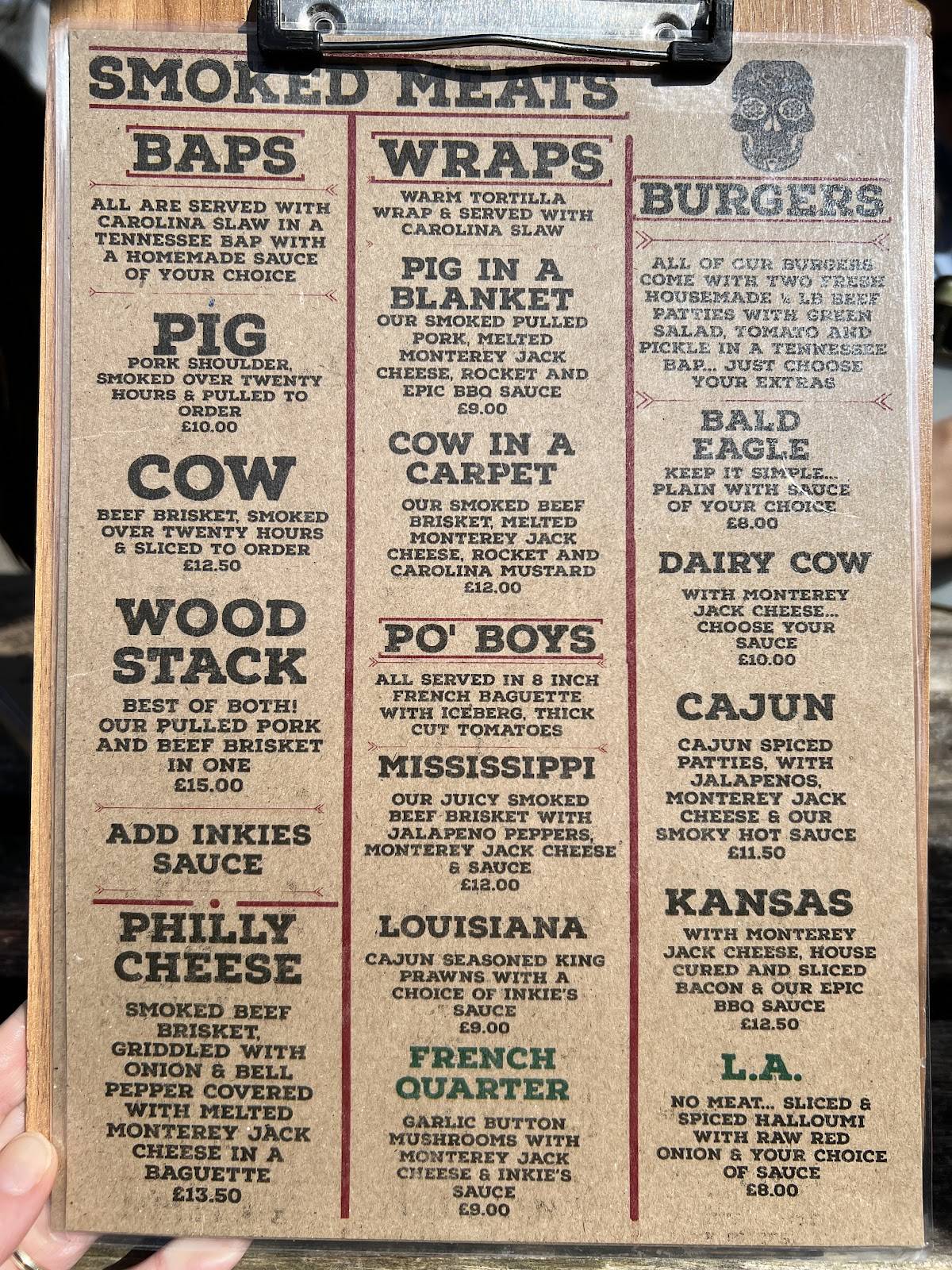 Menu at Inkie's Smokehouse restaurant, Liskeard
