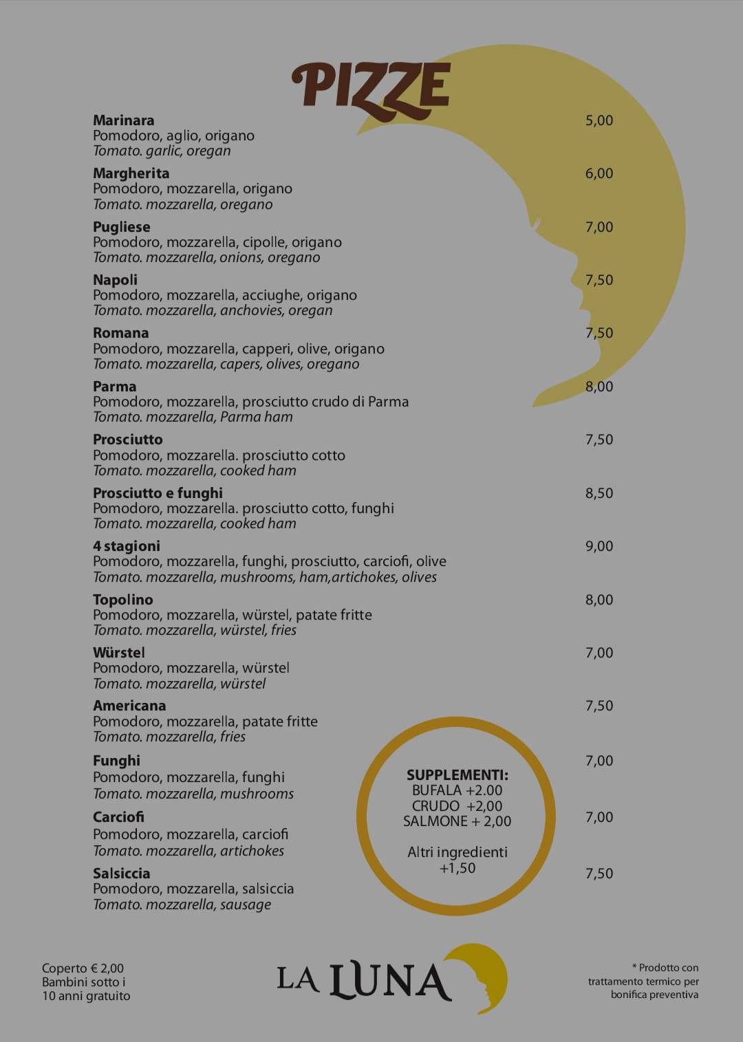 Menu da La Luna - Ristorante & Pizzeria, Dongo