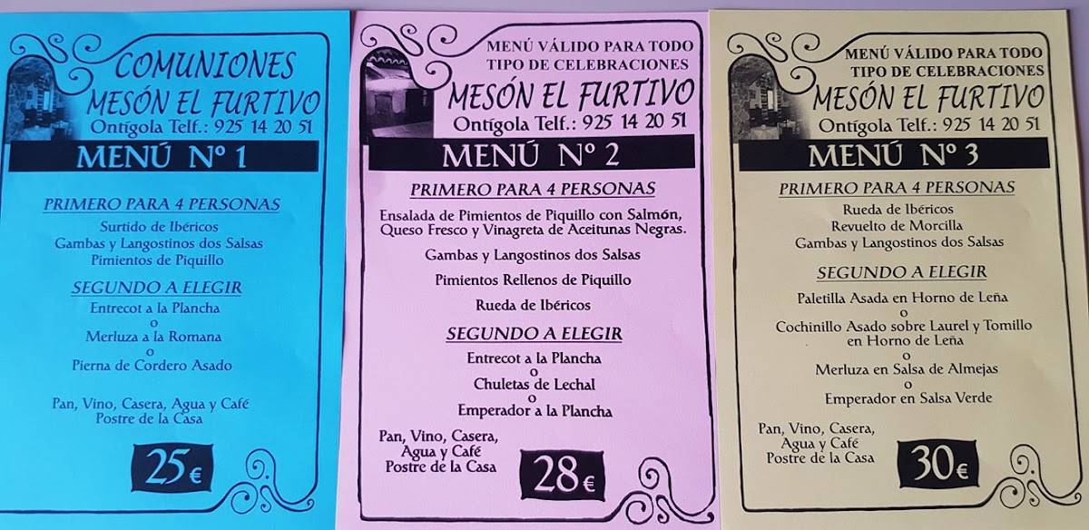 Carta del restaurante Mesón Litri. El Furtivo, Ontígola