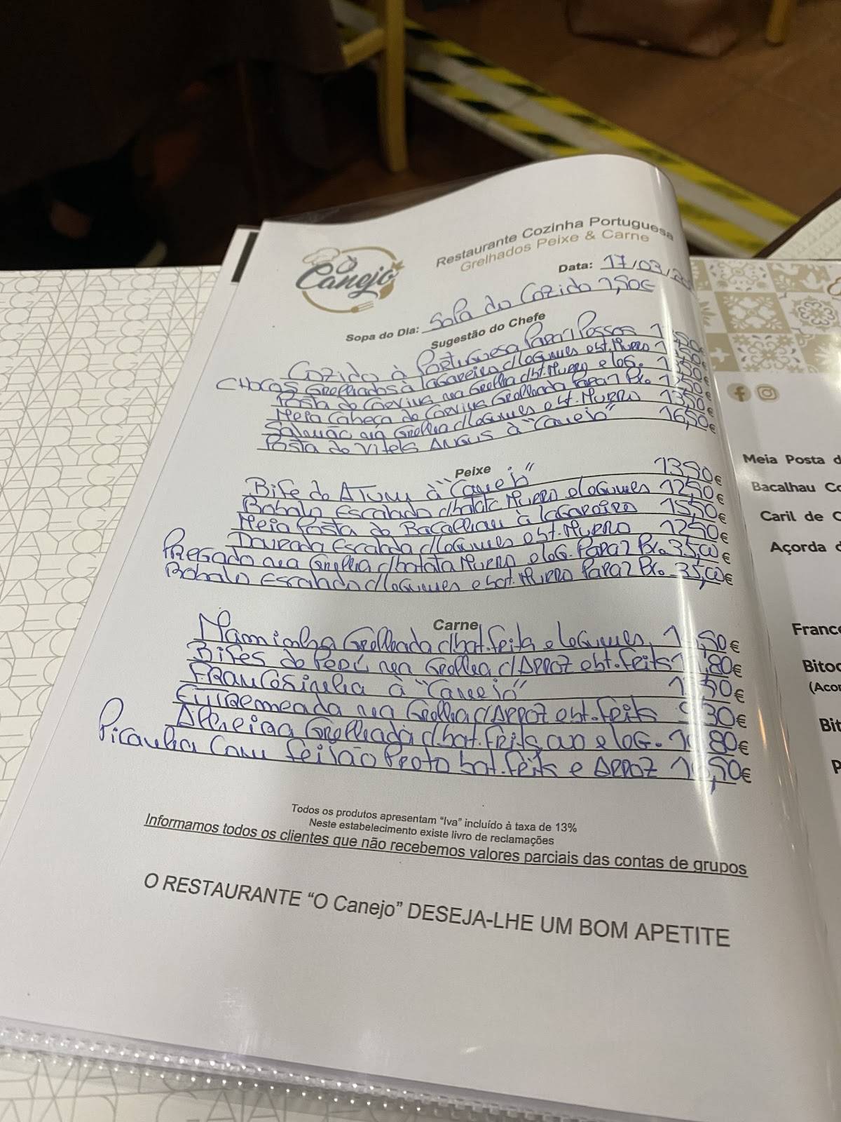 Menu em O Canejo restaurante, Paço de Arcos