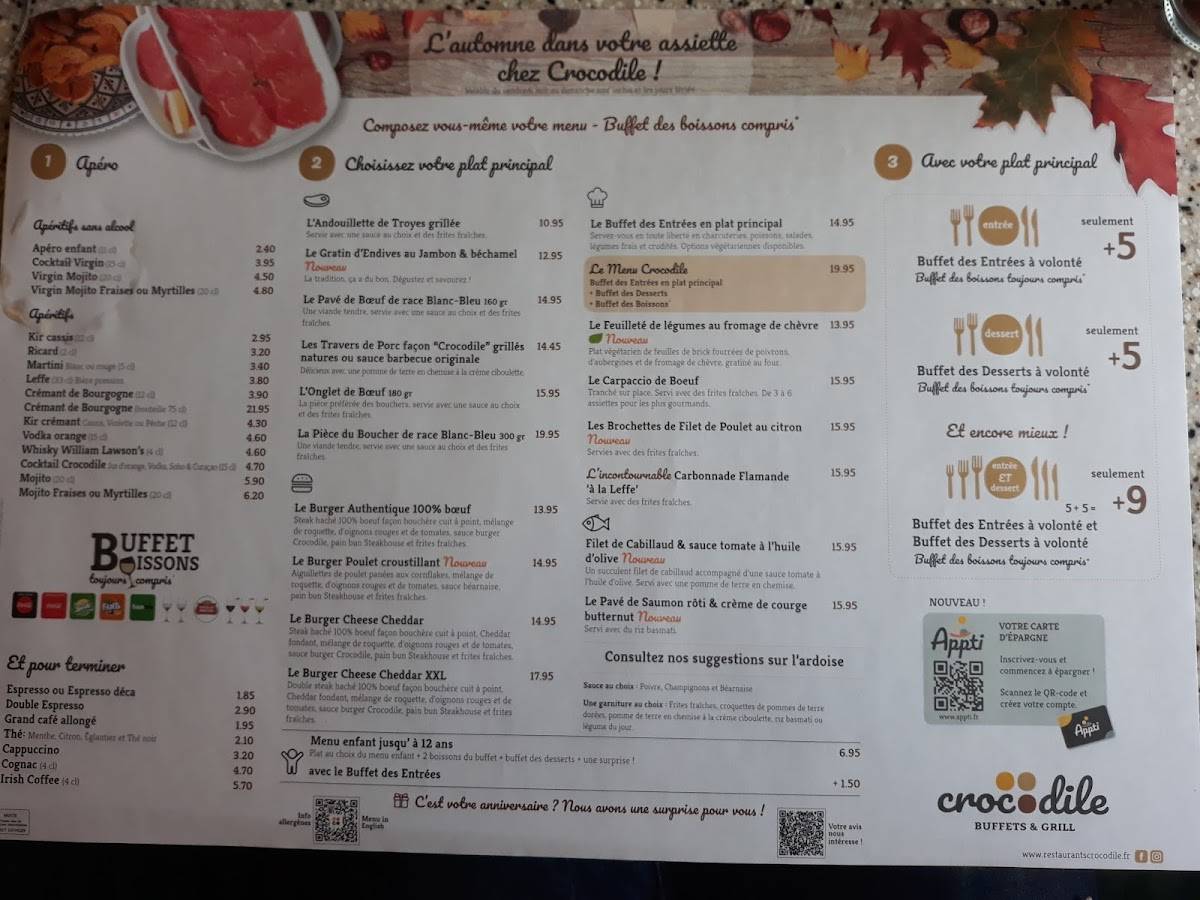 Menu au Crocodile restaurant, Petite-Forêt