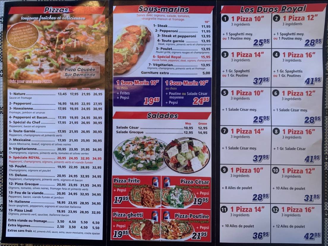 Menu au Royal Pizza restaurant, Sainte-Anne-des-Lacs