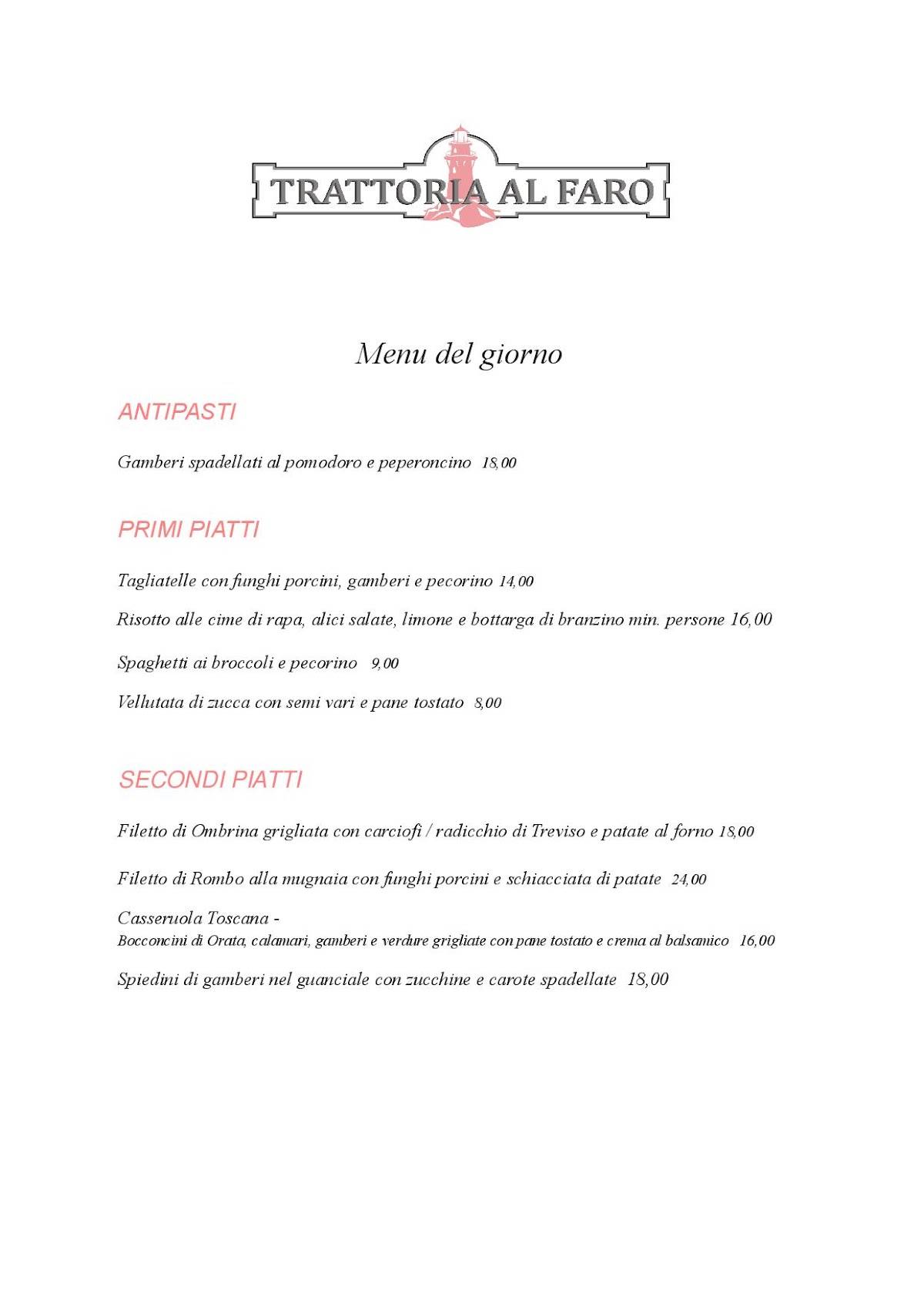Menu da Trattoria Al Faro ristorante, Trieste, Scala Giuseppe Sforzi