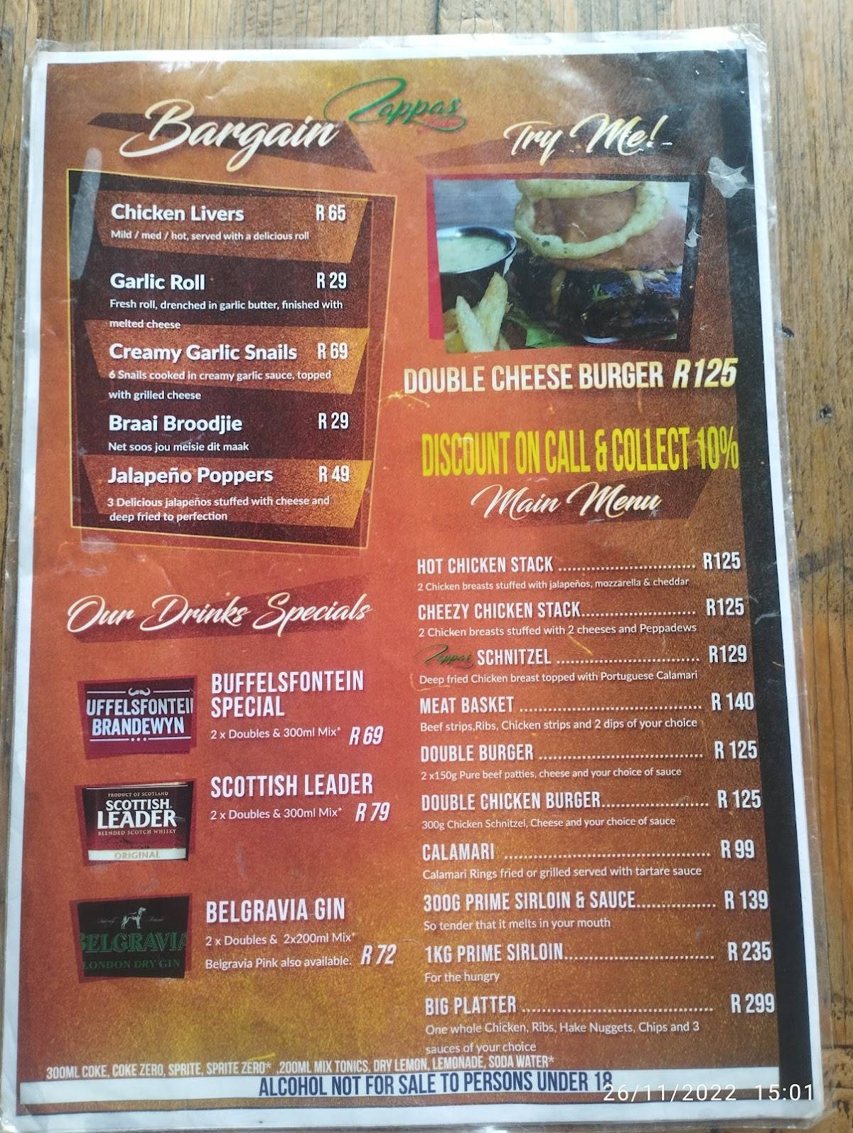 Menu at Zappas Restaurant, Pretoria