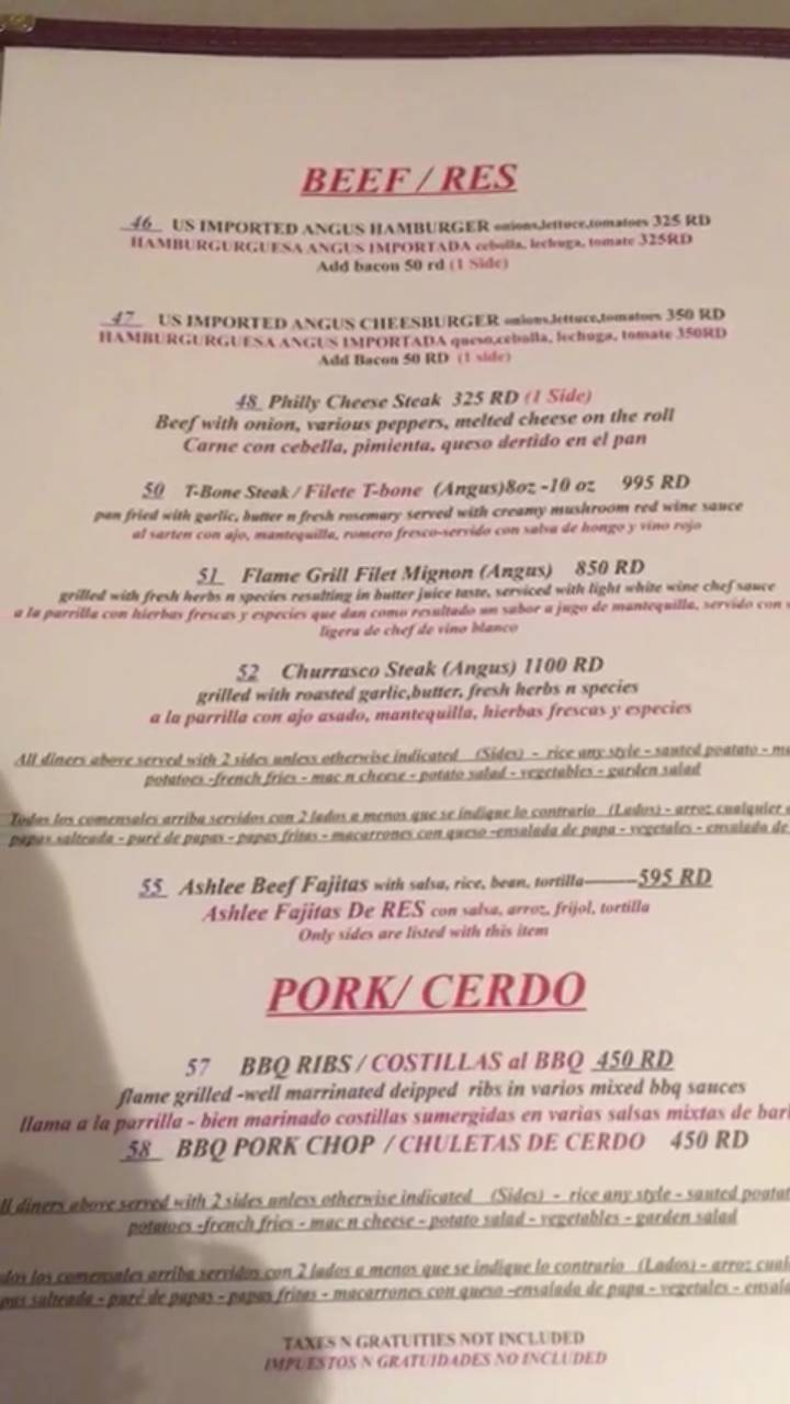 Menu at Rumba Bar and Grill, Sosúa