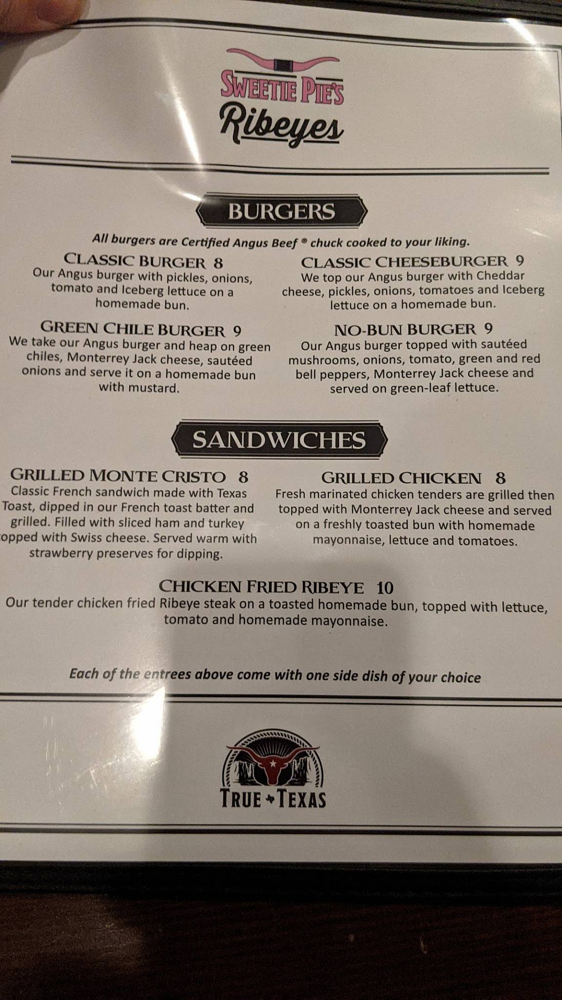Menu at Sweetie Pie's Ribeyes steakhouse, North Richland Hills