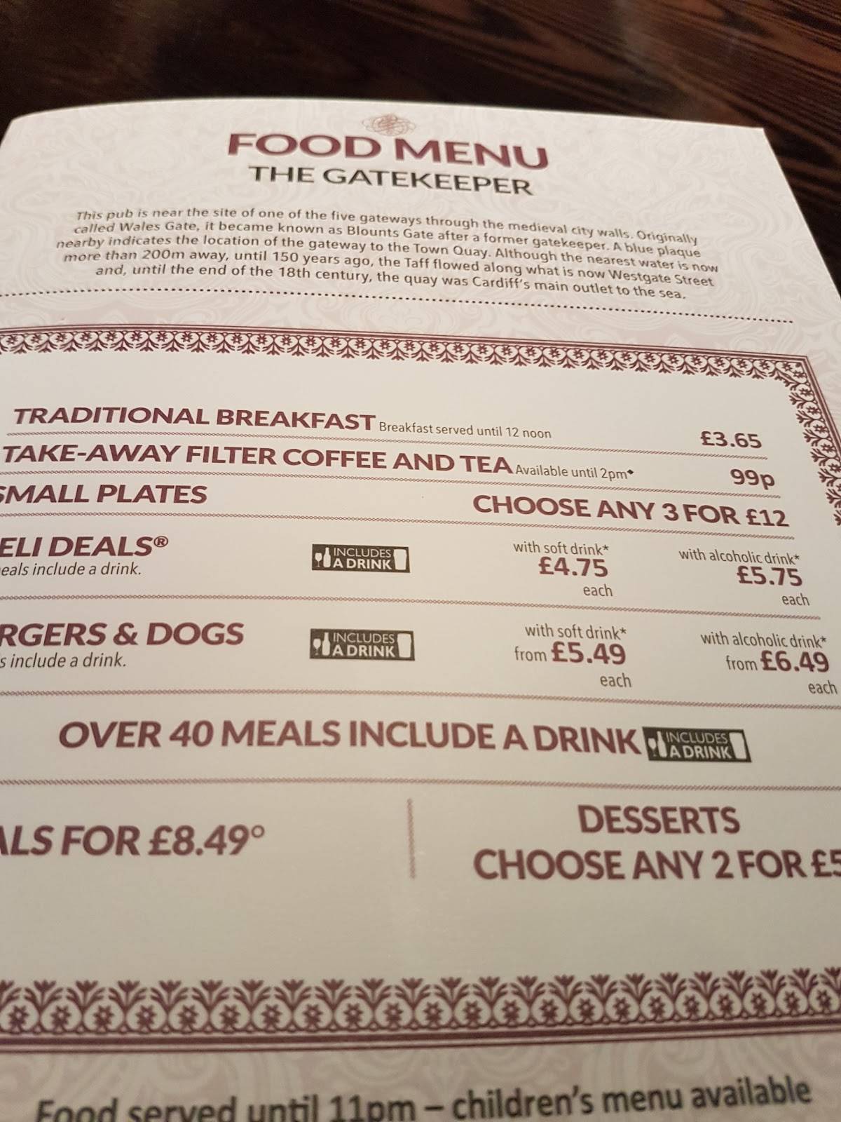 Menu at The Gatekeeper pub & bar, Cardiff