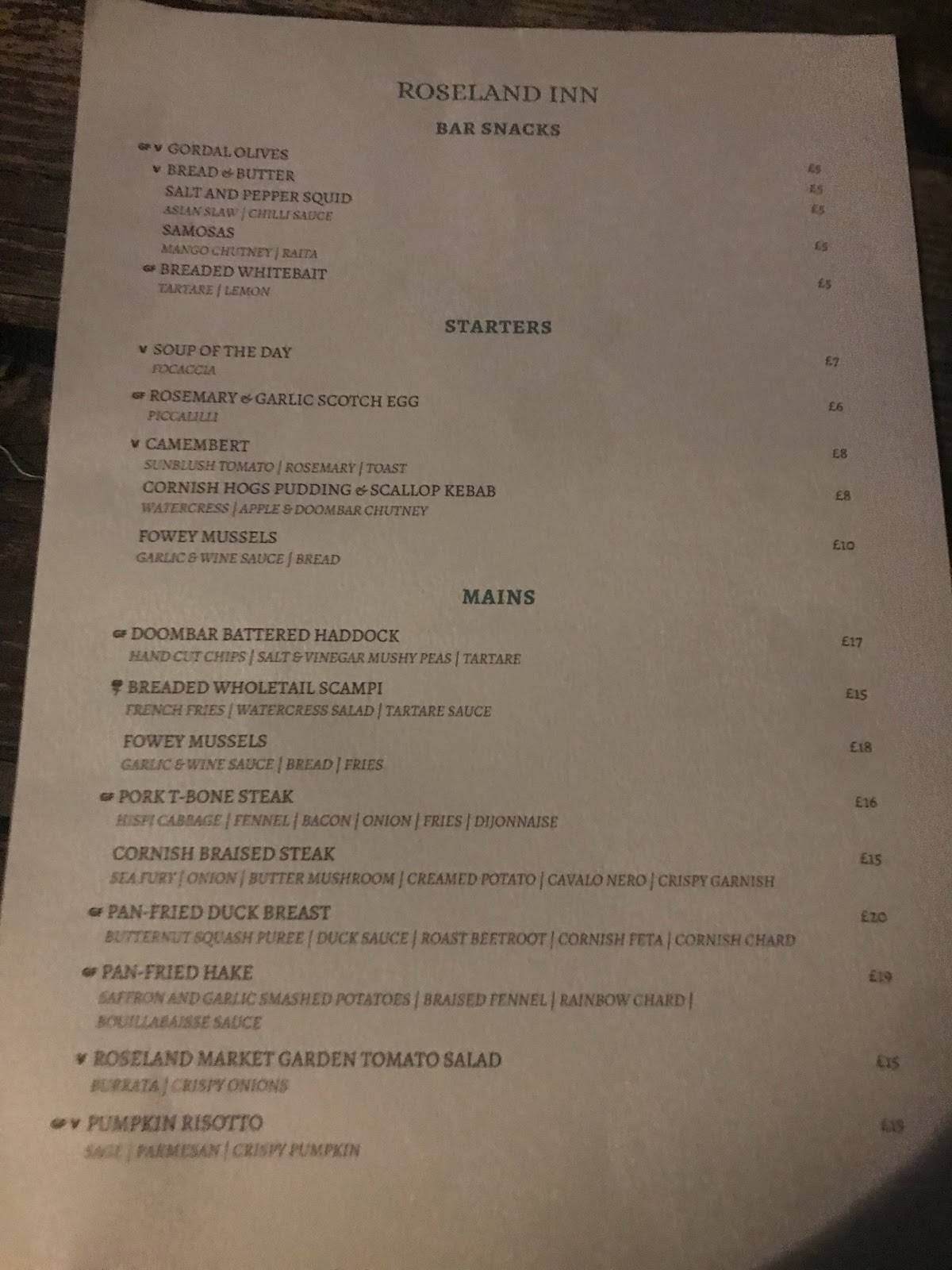 Menu at The Roseland Inn pub & bar, Philleigh, Philleigh-in-Roseland