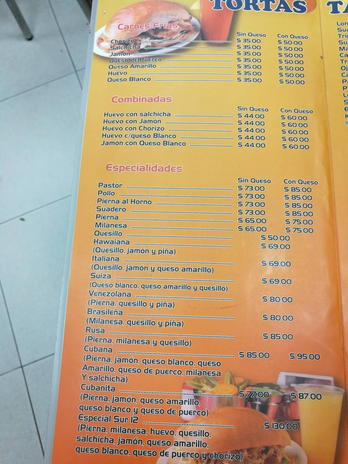 Carta del restaurante Tortas Gigantes Sur 12, Ciudad del México, Sur ...