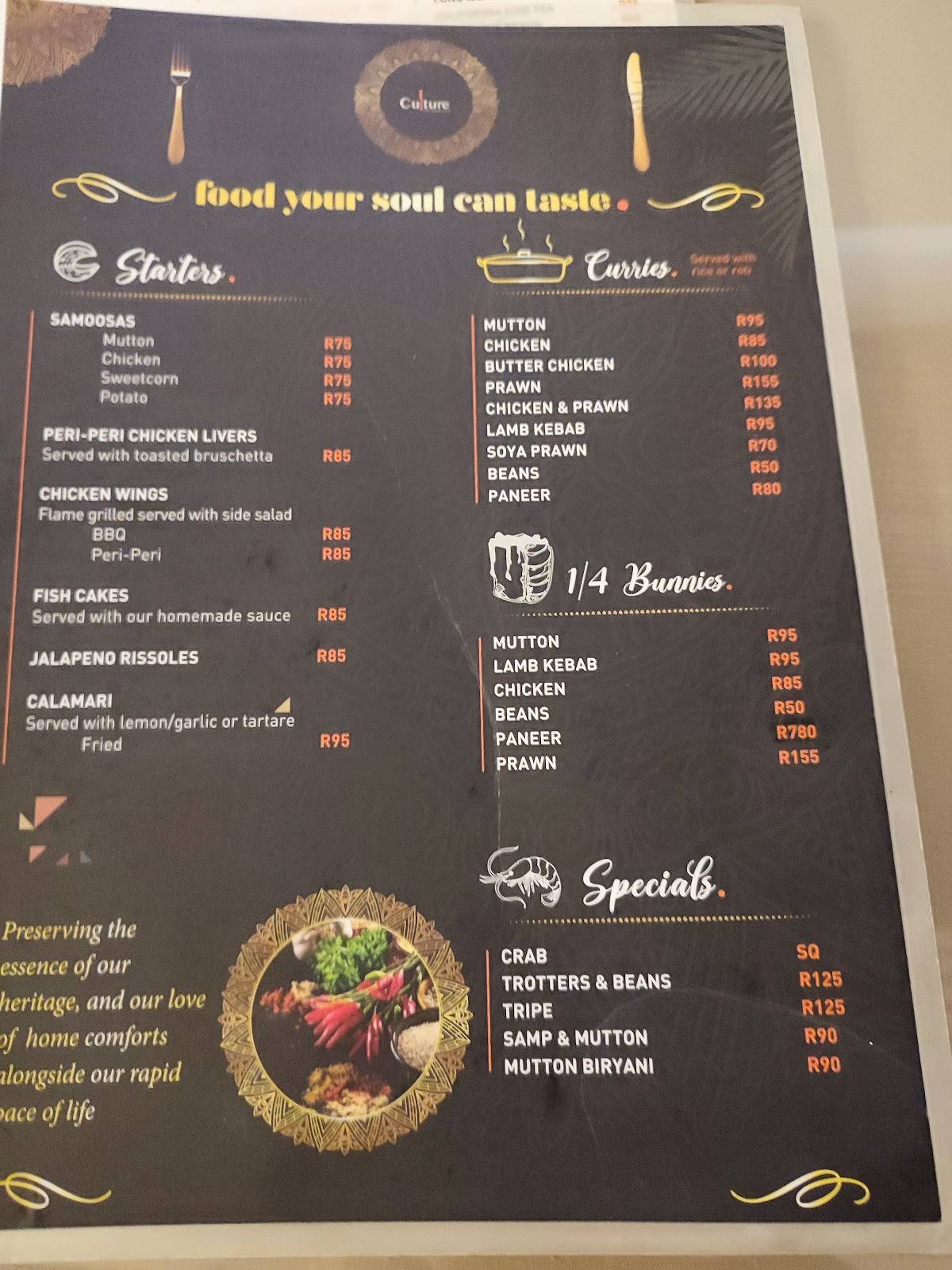 Menu at Culture Restaurant and Lounge, Umhlanga