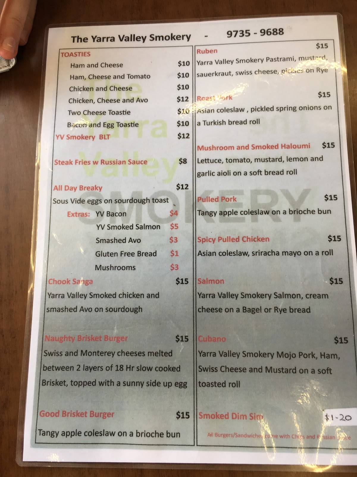 Menu at Yarra Valley Smokery cafe, Lilydale