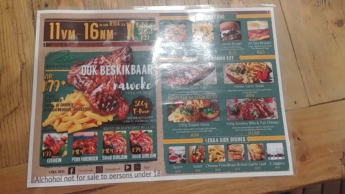 Menu at Zappas Restaurant, Pretoria