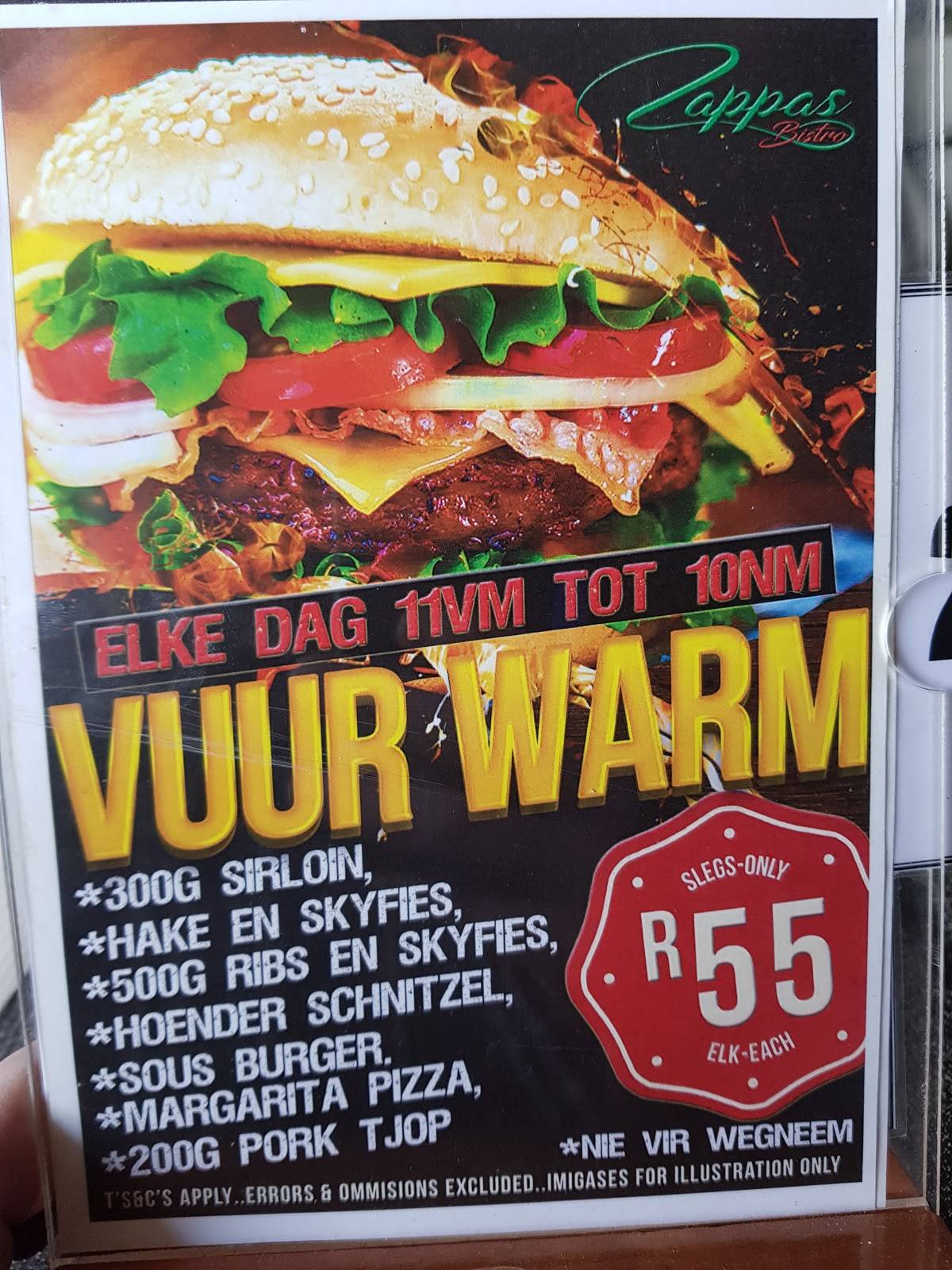 Menu at Zappas Restaurant, Pretoria