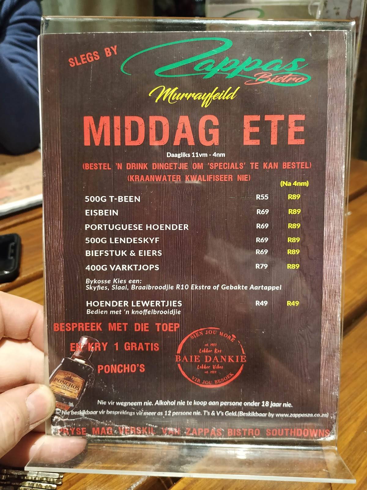 Menu at Zappas Restaurant, Pretoria