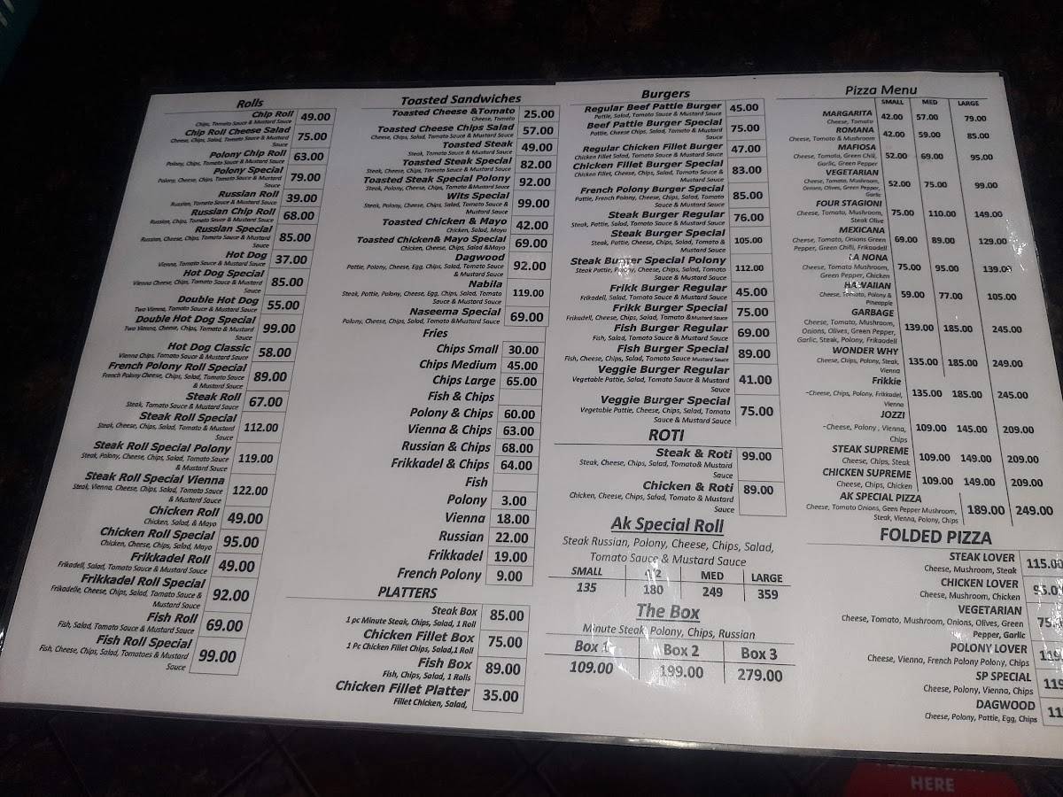 Menu at Akhalz Mayfair restaurant, Johannesburg, 100 Church St