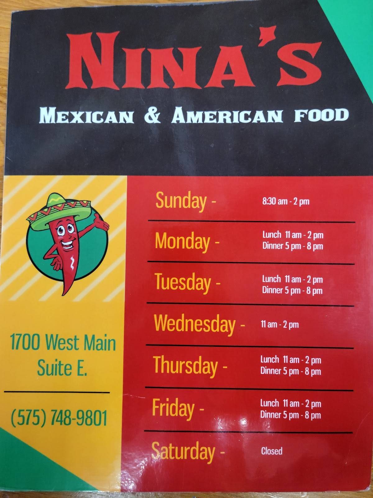 Menu at Nina's restaurant, Artesia