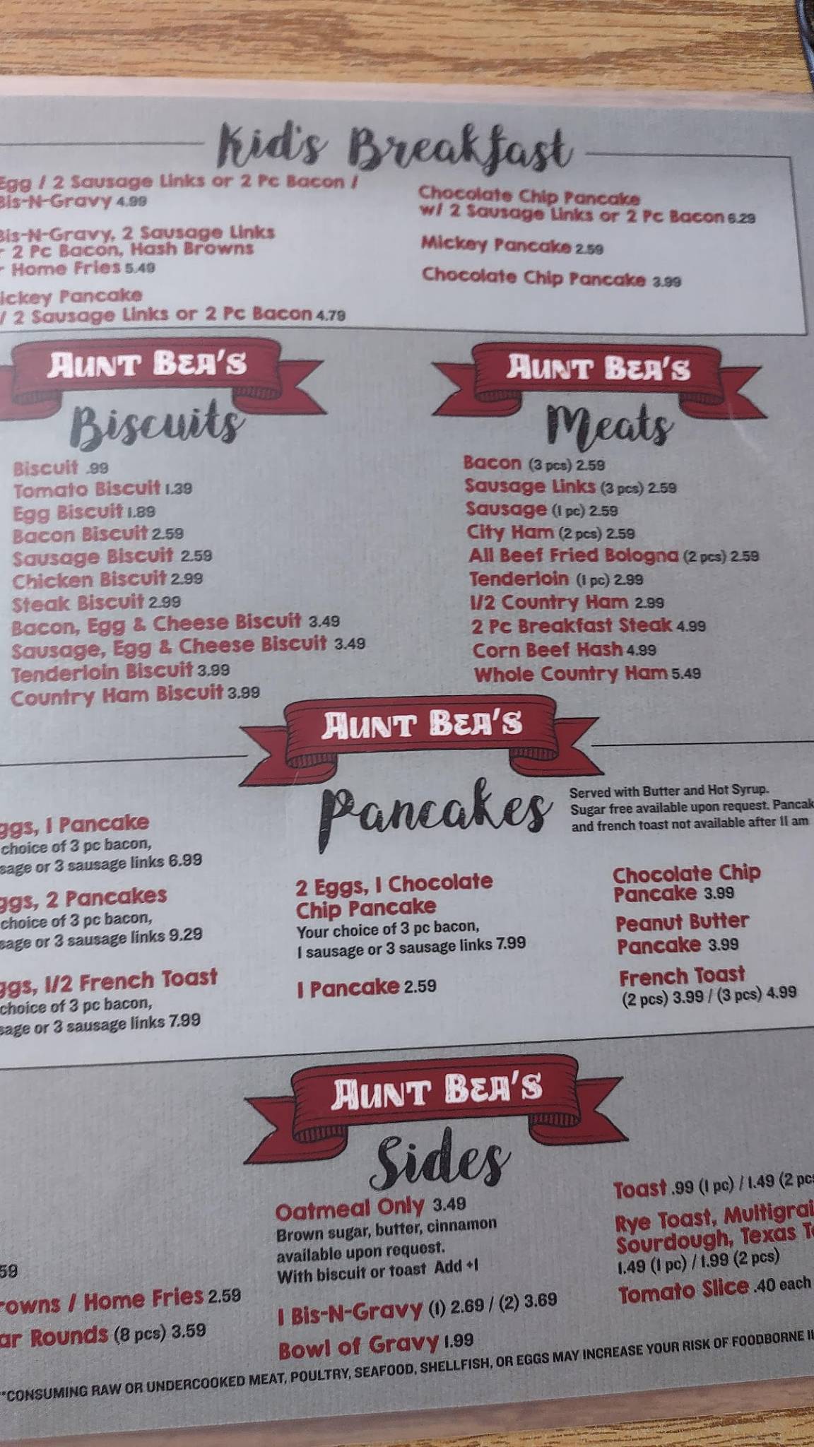 Menu at Aunt Bea's Home Cooking restaurant, Greeneville