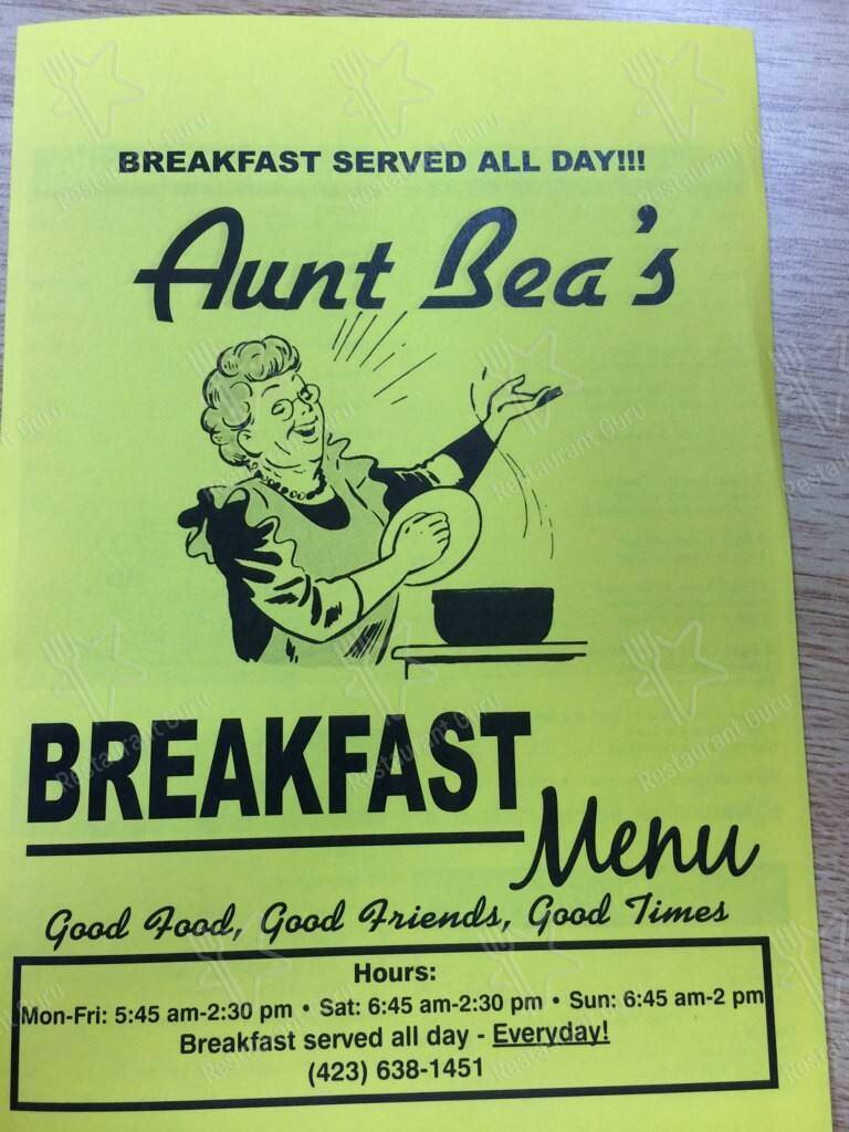 Menu at Aunt Bea's Home Cooking restaurant, Greeneville