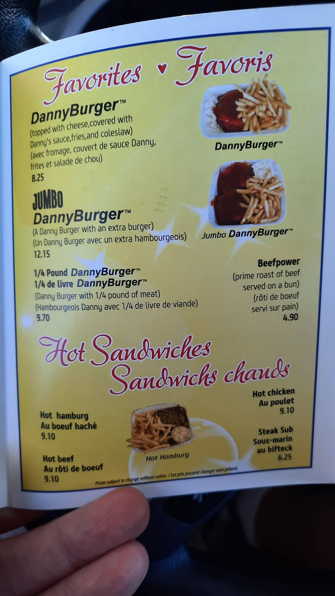 Menu at Big D Drive-in restaurant, Bathurst