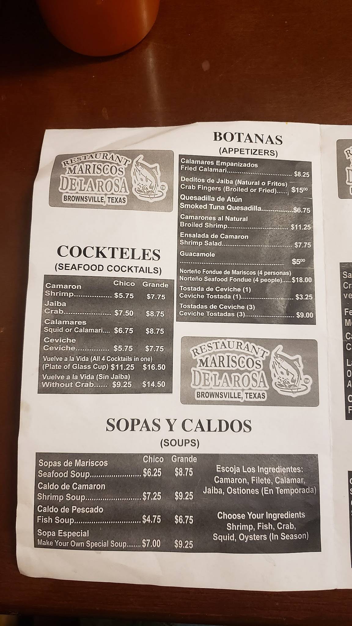 Menu at Mariscos De La Rosa restaurant, Brownsville, Padre Island Hwy