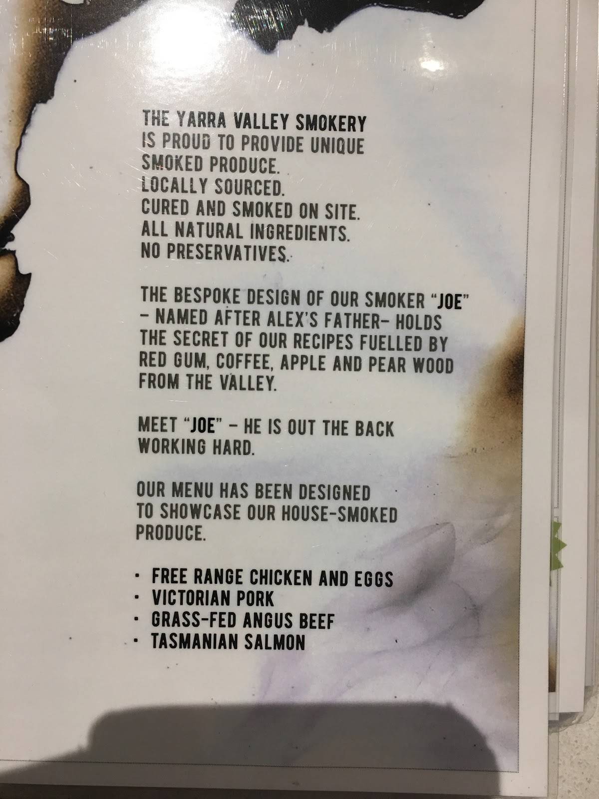 Menu at Yarra Valley Smokery cafe, Lilydale