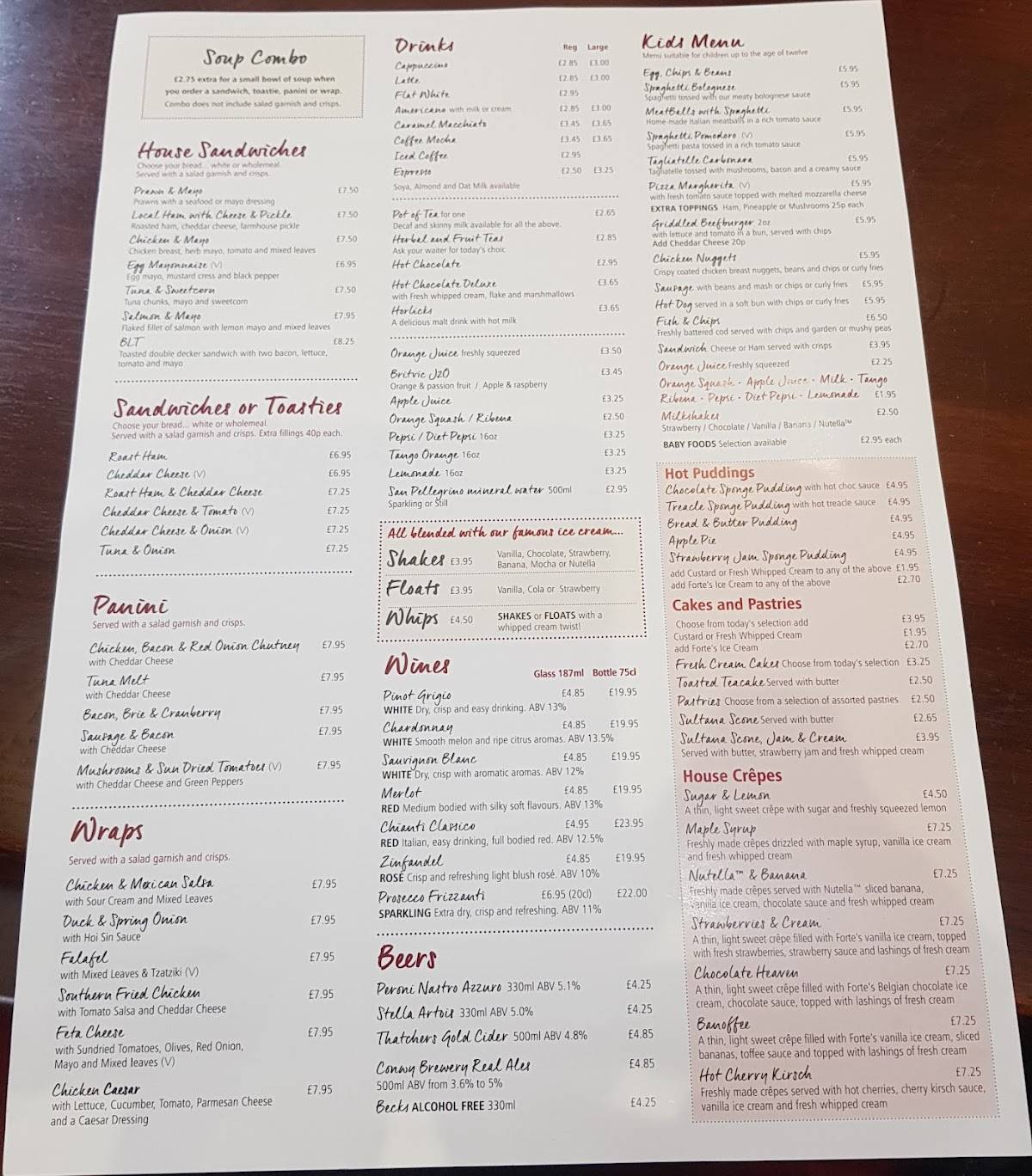 Menu at Forte's Restaurant, Llandudno, 69 Mostyn St