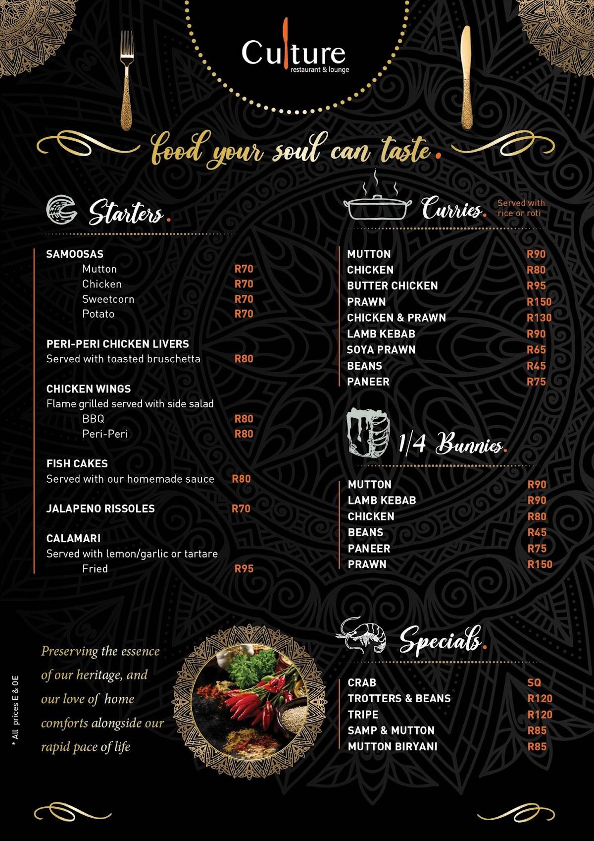 Menu at Culture Restaurant and Lounge, Umhlanga