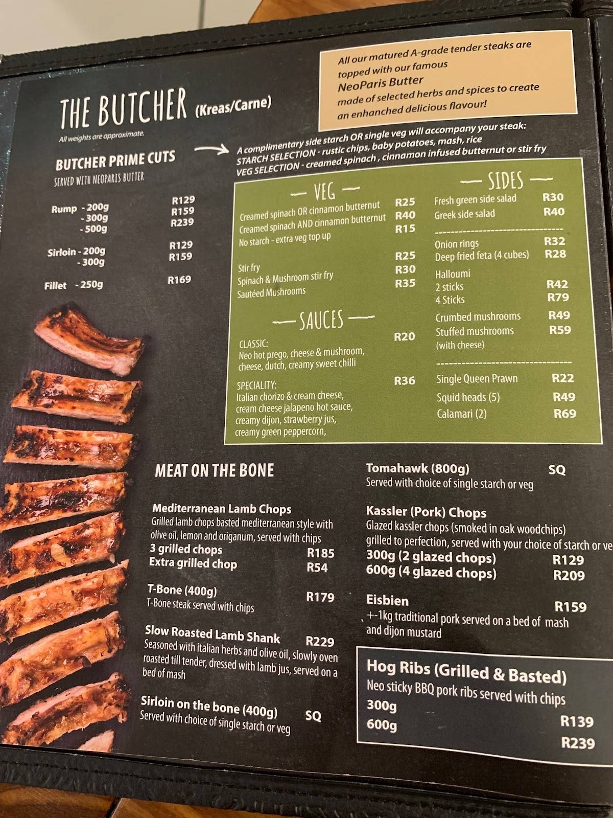Menu at Café Neo restaurant, East London