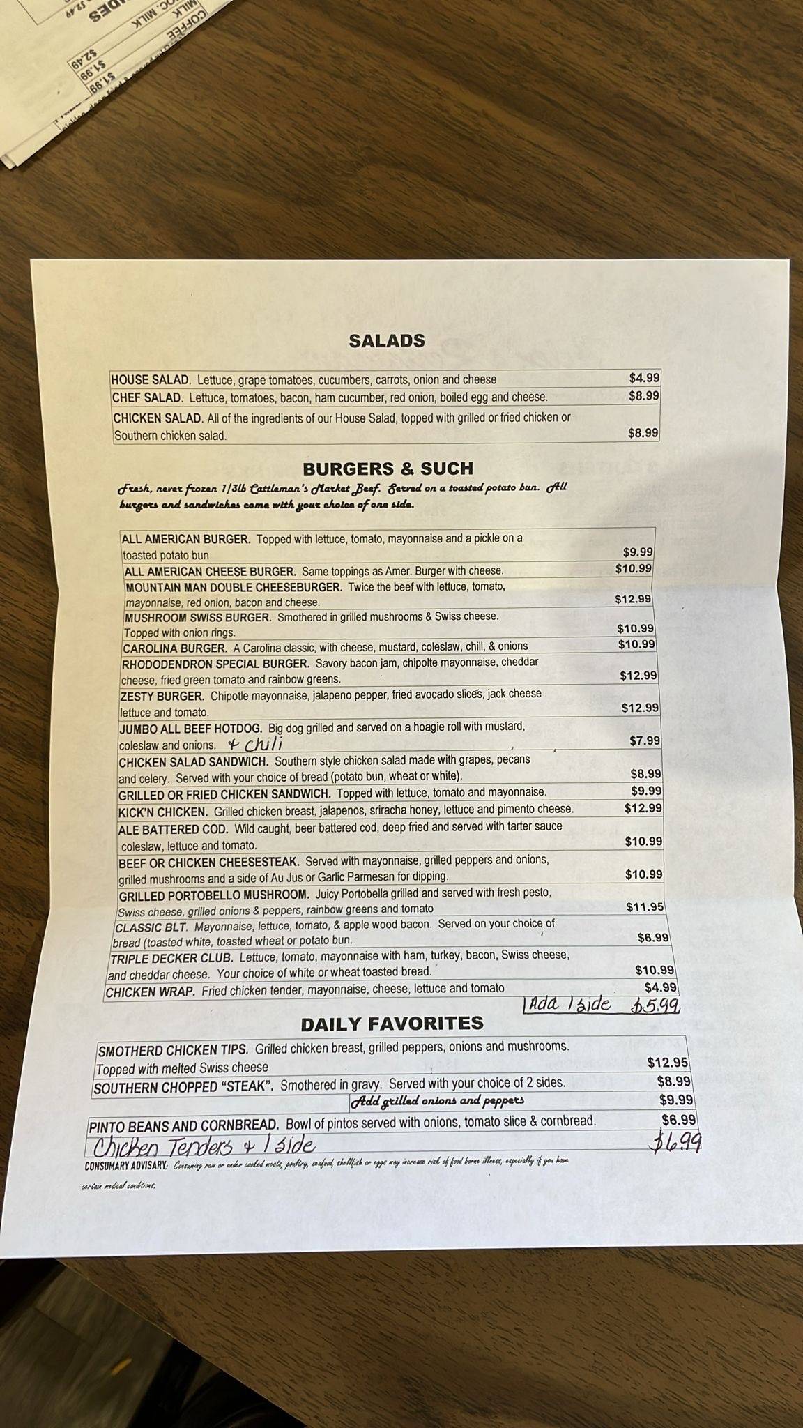 Menu at Helen's Restaurant, Bakersville