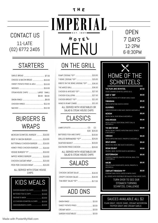 Menu at Imperial Hotel pub & bar, Armidale