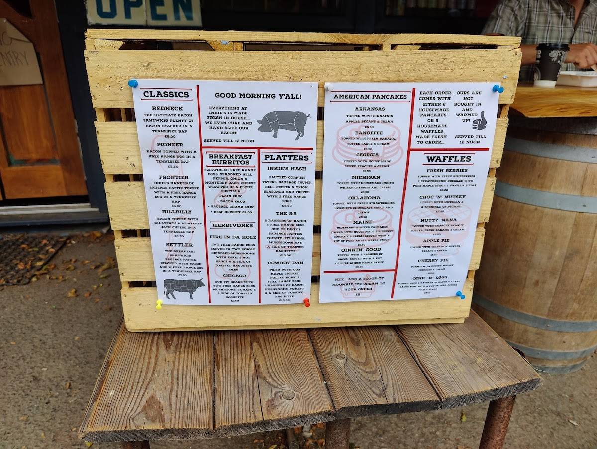Menu at Inkie's Smokehouse restaurant, Liskeard